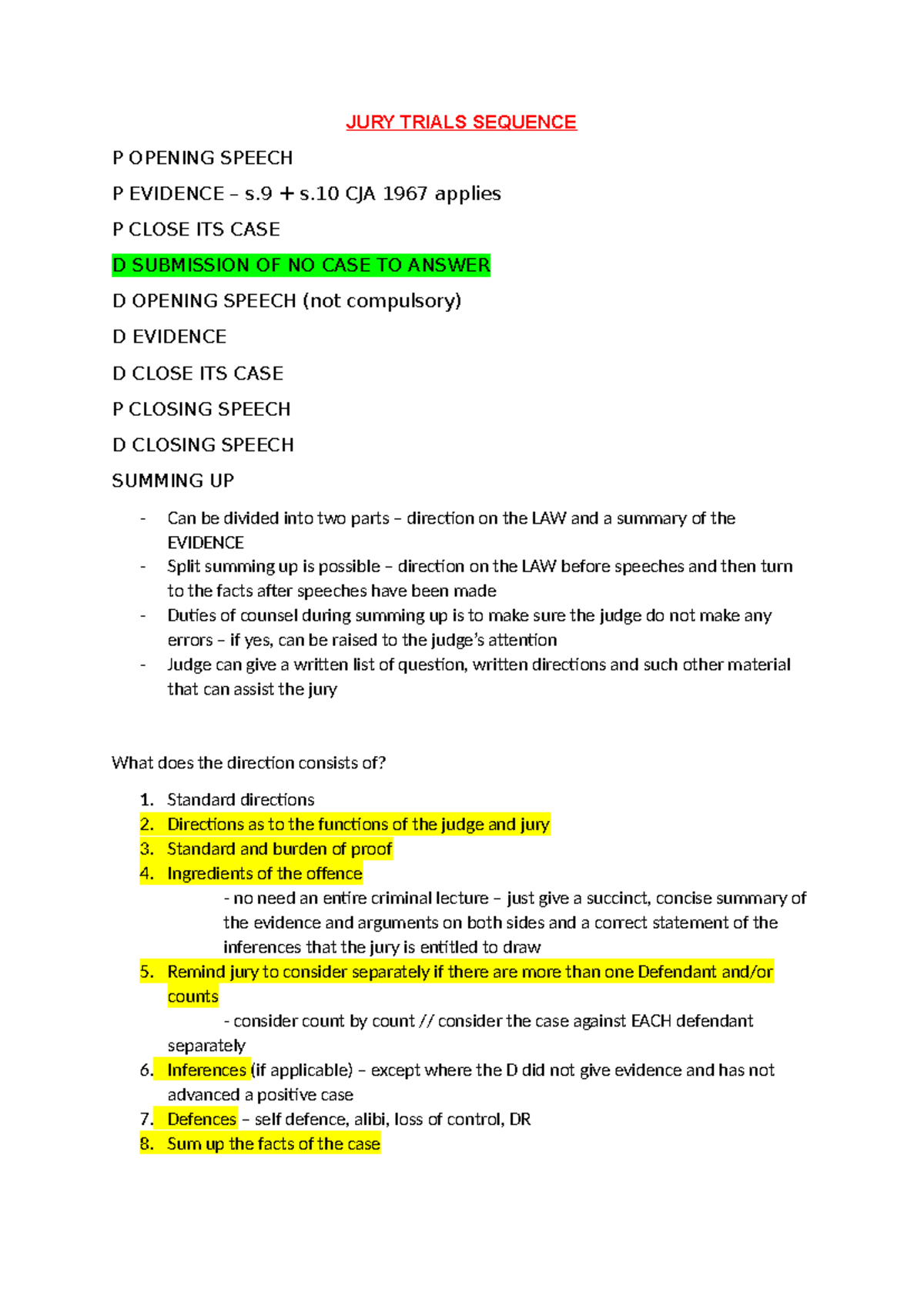 JURY Trials Sequence notes - JURY TRIALS SEQUENCE P OPENING SPEECH P ...