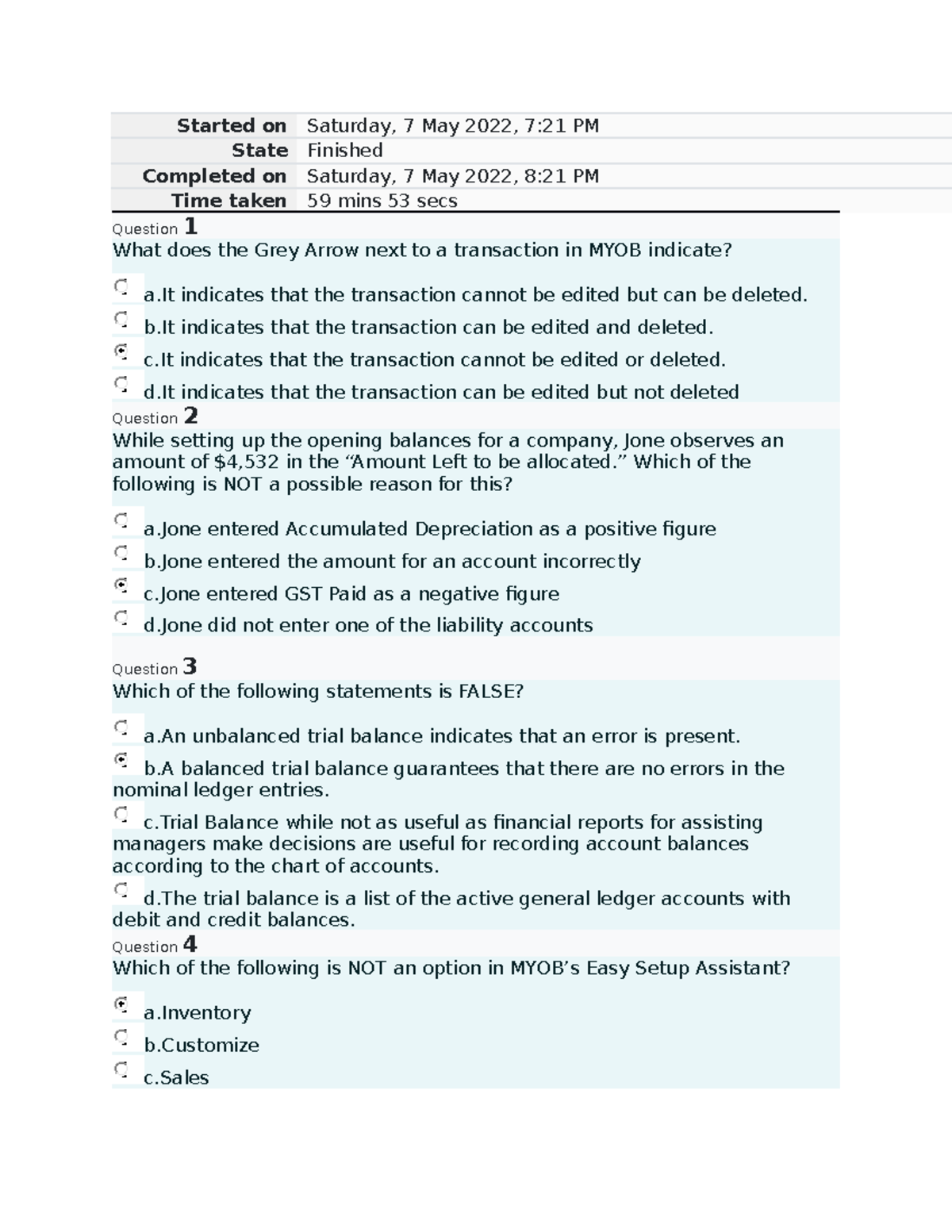 Quizzz - myob - Started on Saturday, 7 May 2022, 7:21 PM State Finished ...