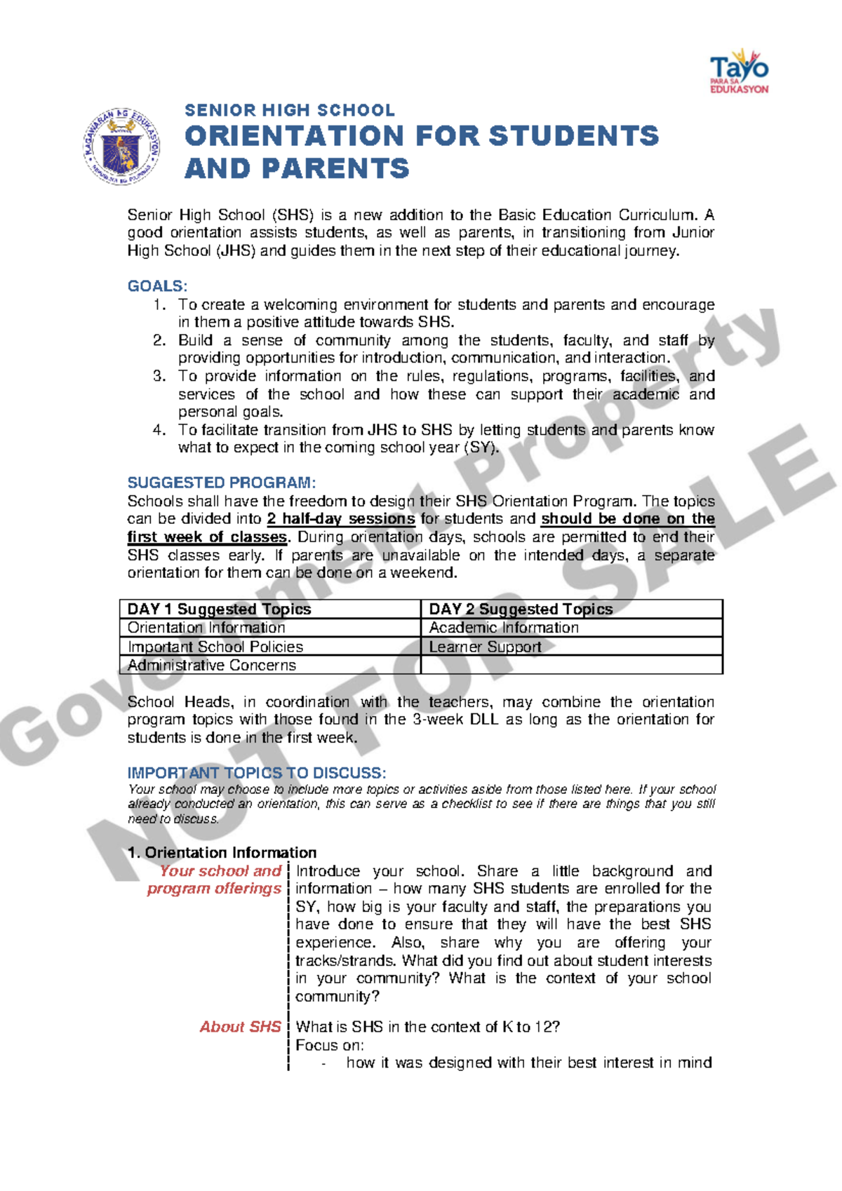 SHS Student-Parent Orientation - SENIOR HIGH SCHOOL ORIENTATION FOR ...