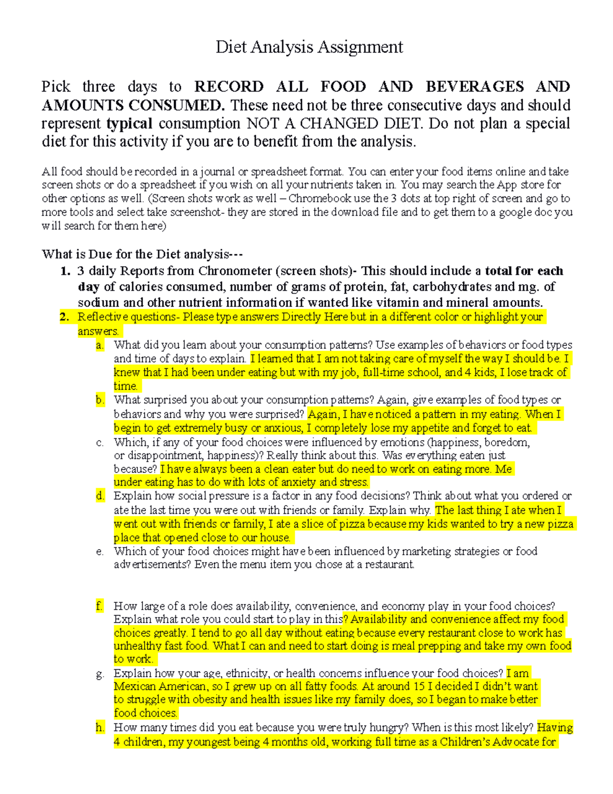 Diet Analysis Format - Diet Analysis Assignment Pick three days to ...