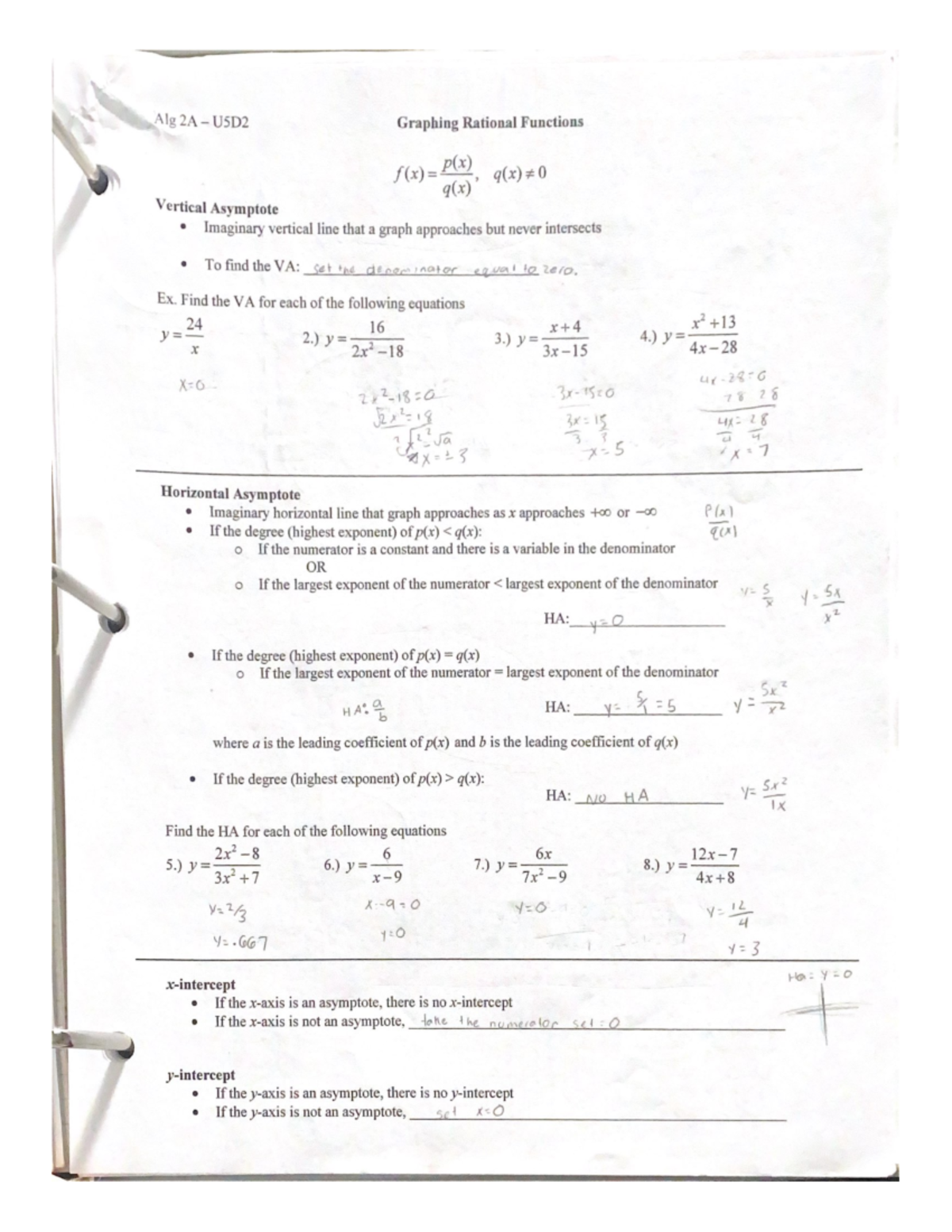 Graphing Rational Functions - Find the VA for each of the following ...
