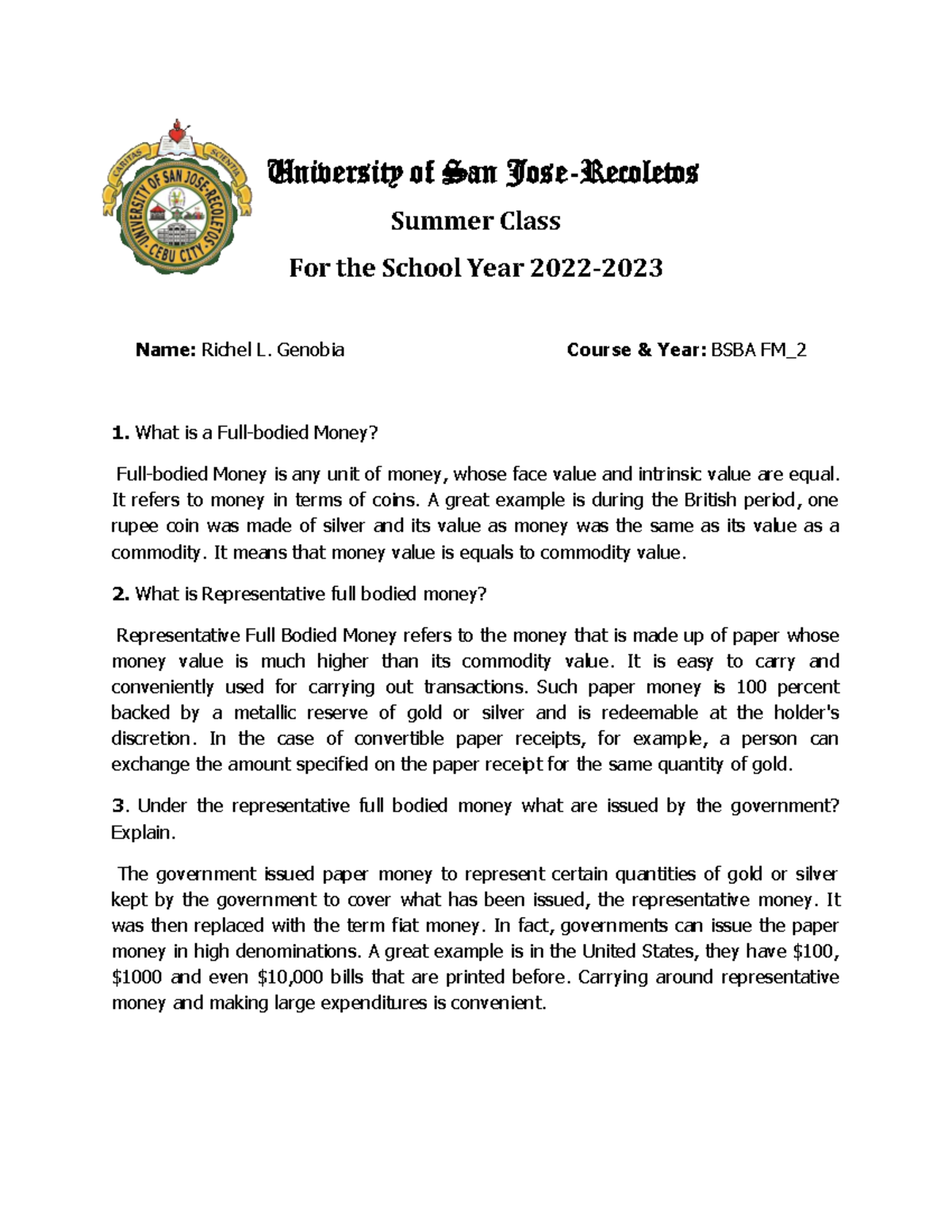Genobia, Richel Money Assignment - University of San Jose-Recoletos ...