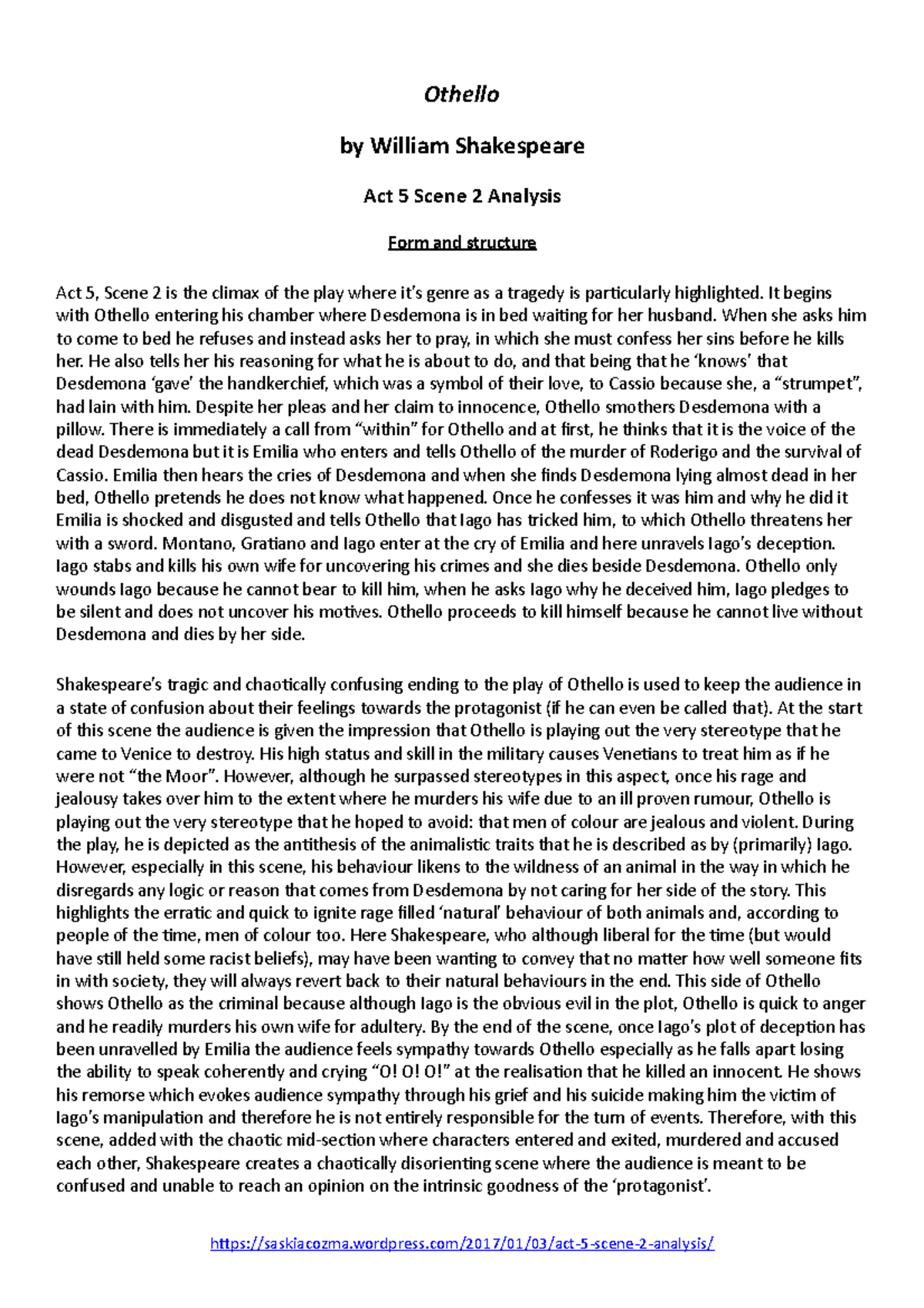Act 5 scene 2 analysis - Othello by William Shakespeare Act 5 Scene 2 ...
