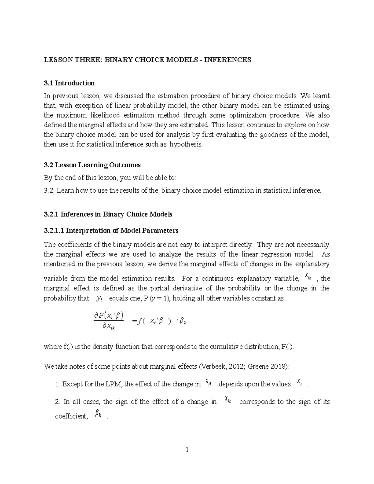 Lesson Three n FOUR - Graduate Level microeconometrics - LESSON THREE: BINARY CHOICE MODELS ...