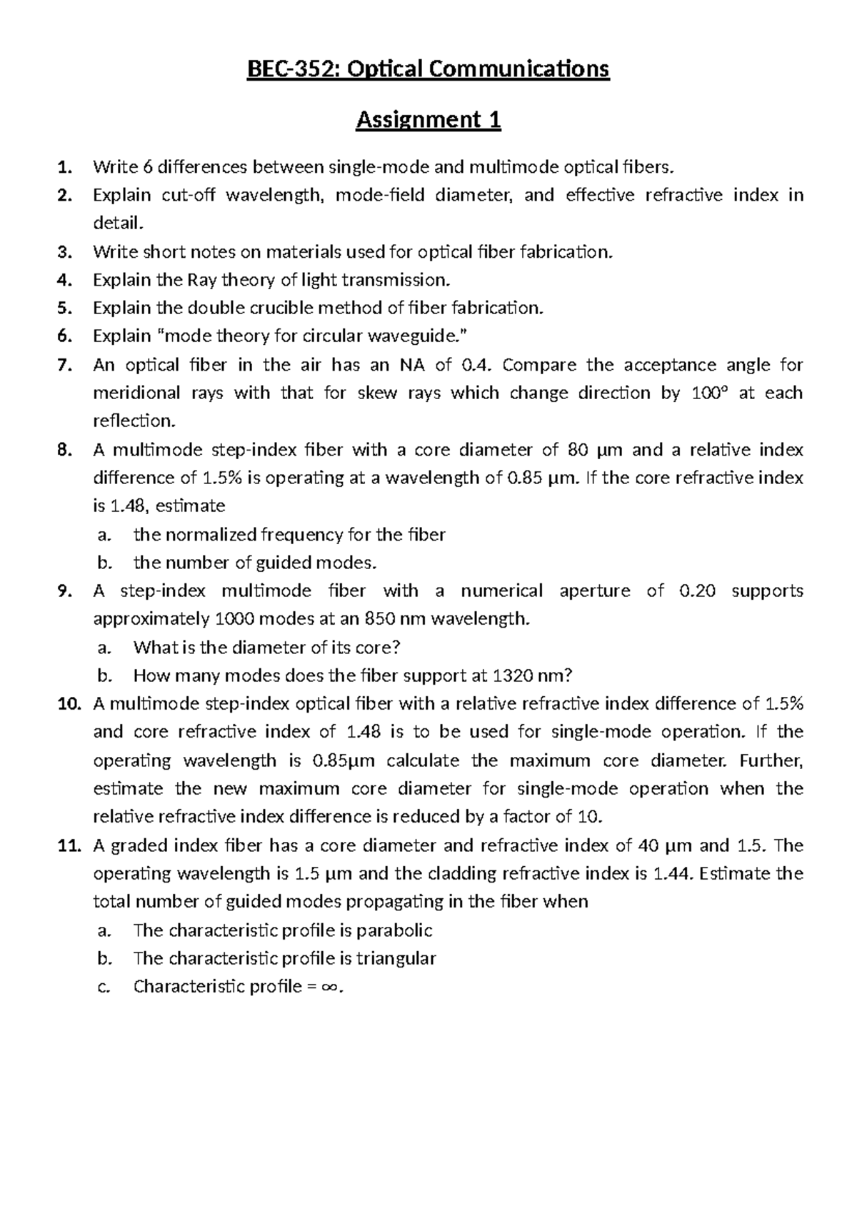 BEC-352 Assignment 1 - Unit ! - BEC-352: Optical Communications Assignment 1 1. Write 6 ...