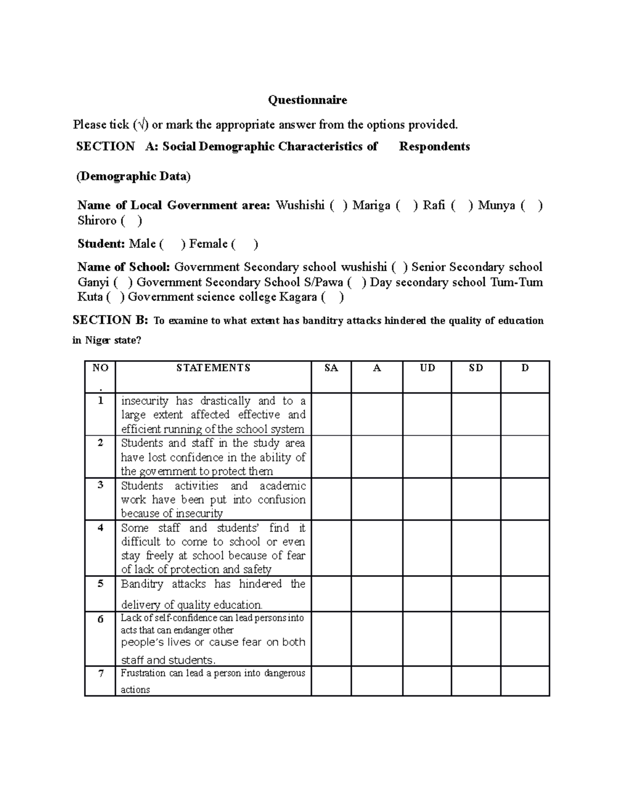 Questionnaire on insecurity - Questionnaire Please tick (√) or mark the ...