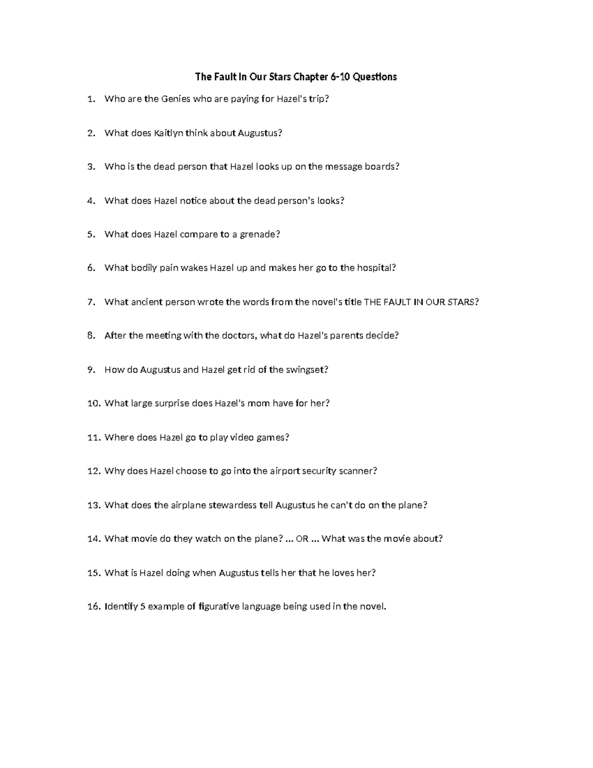 Chapter 6-10 Questions for The Fault In Our Stars - The Fault In Our ...