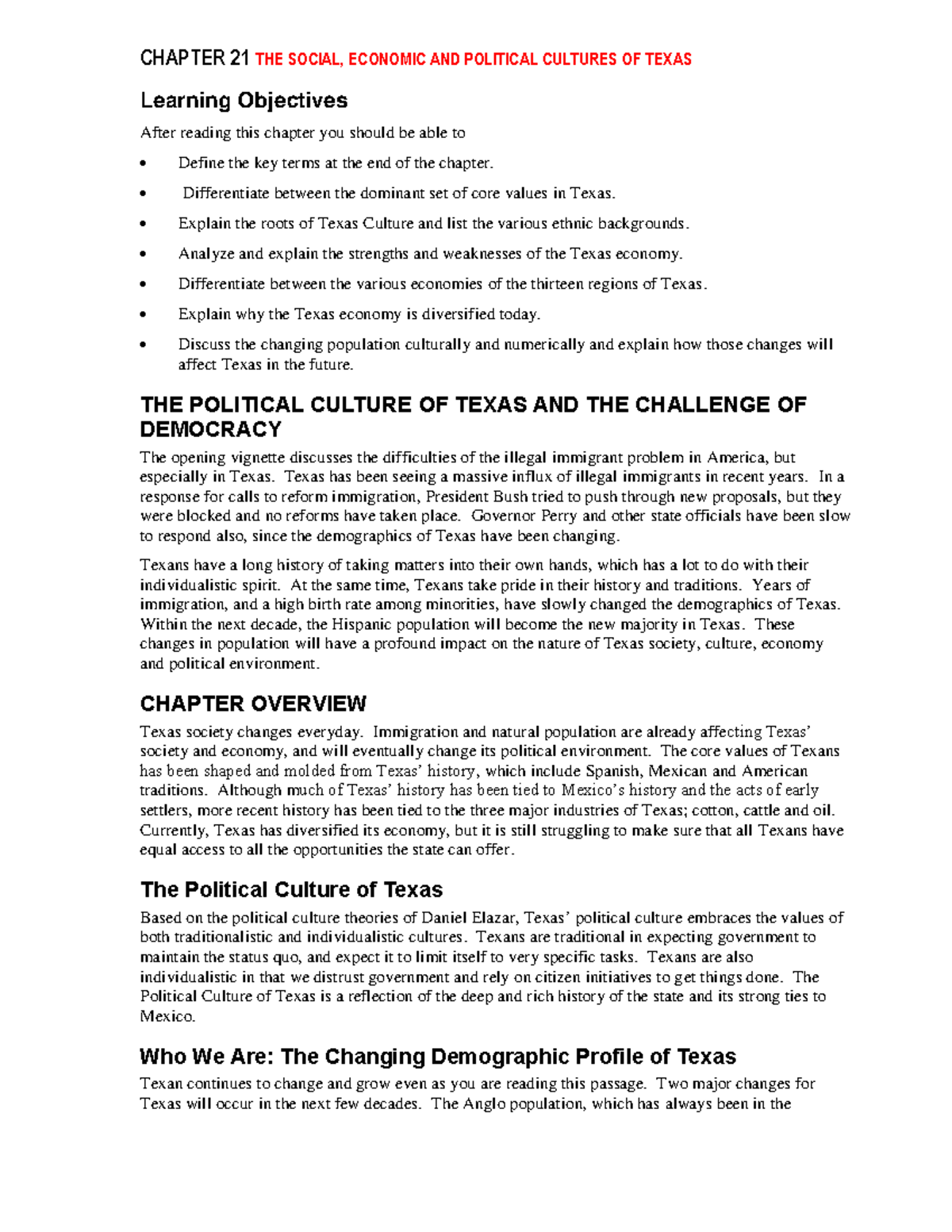 Ch21 The Social Economic and Political Cultures of Texas Exam - CHAPTER ...