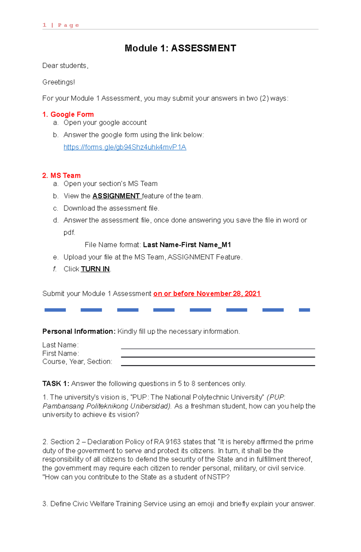 Module 1 Assessment - BS Architecture - PUP - Studocu