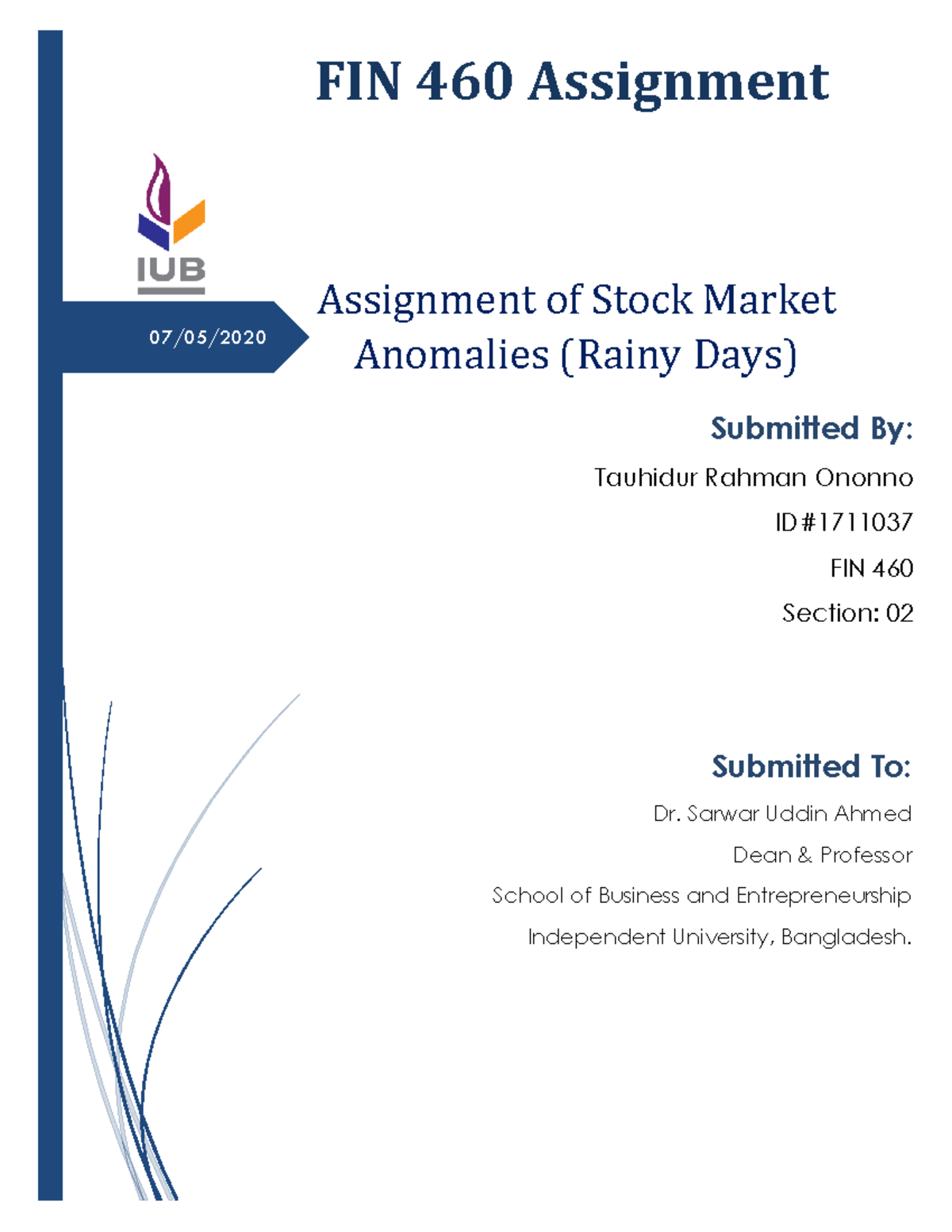 Fin460 Individual Assignment 1711037 - 07/05/ Assignment of Stock ...