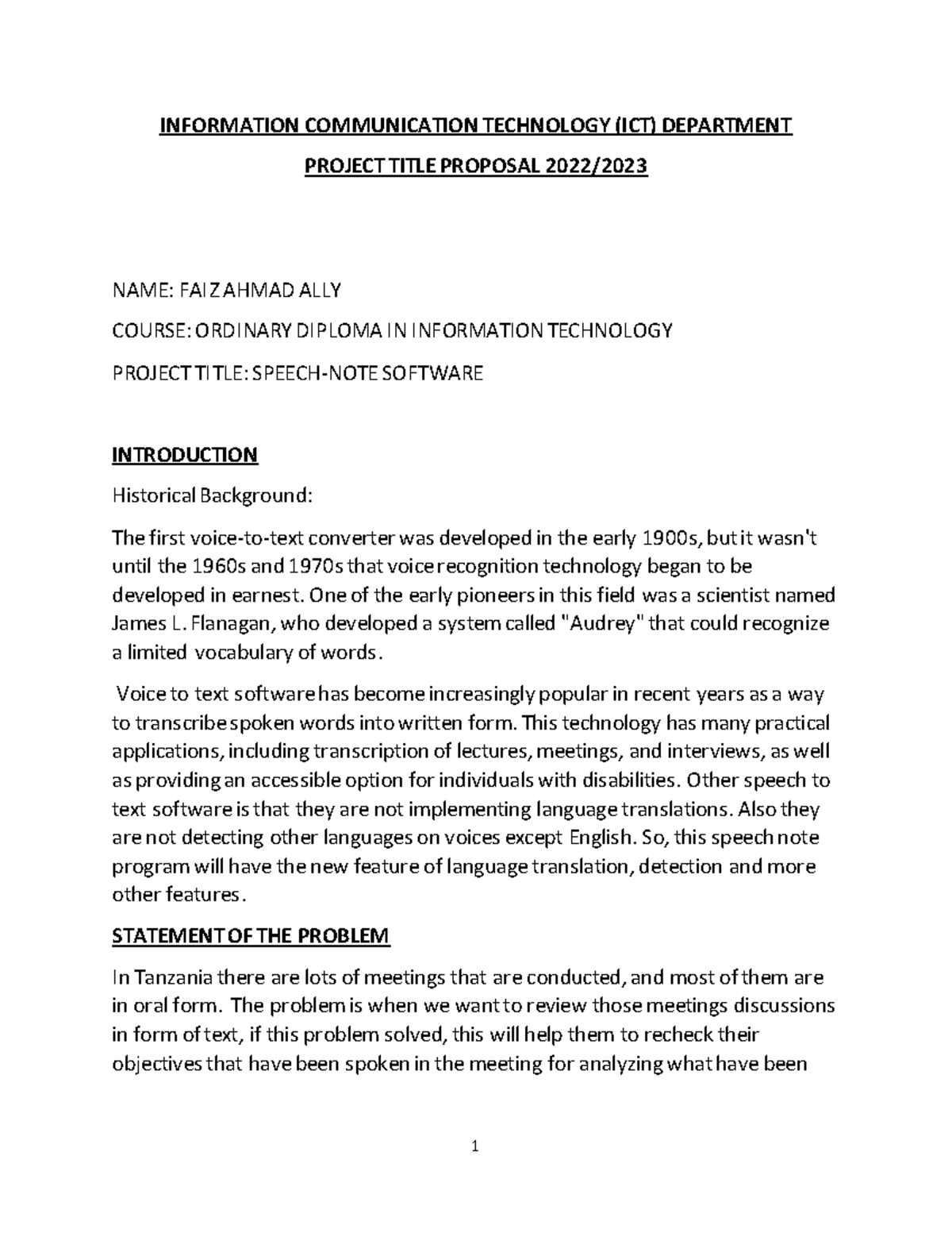 Speeech-NOTE - short project proposal notes - 1 INFORMATION ...