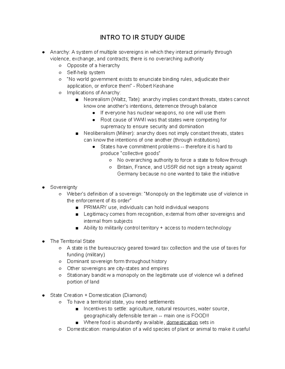 Intro to IR Final Study Guide - INTRO TO IR STUDY GUIDE Anarchy: A ...