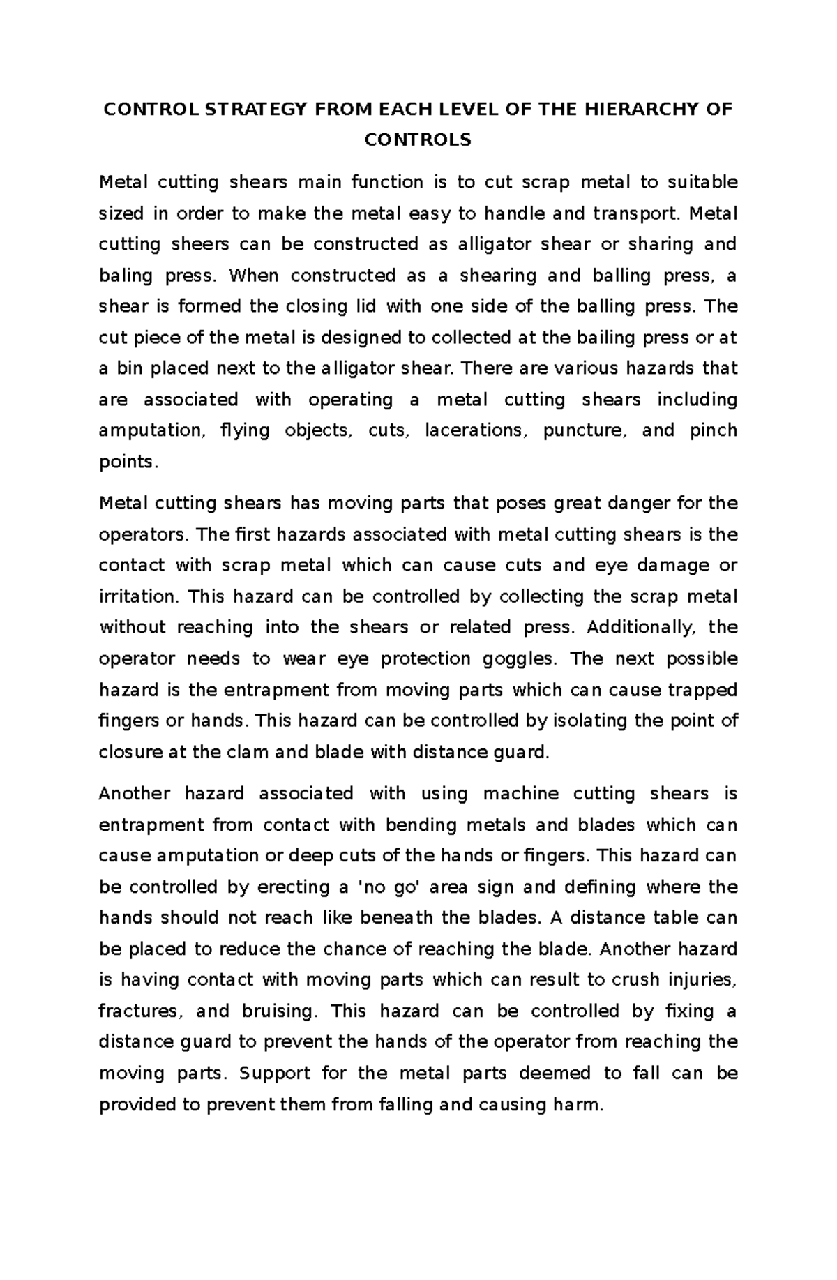 Control strategy from each level of the hierarchy of controls - CONTROL ...