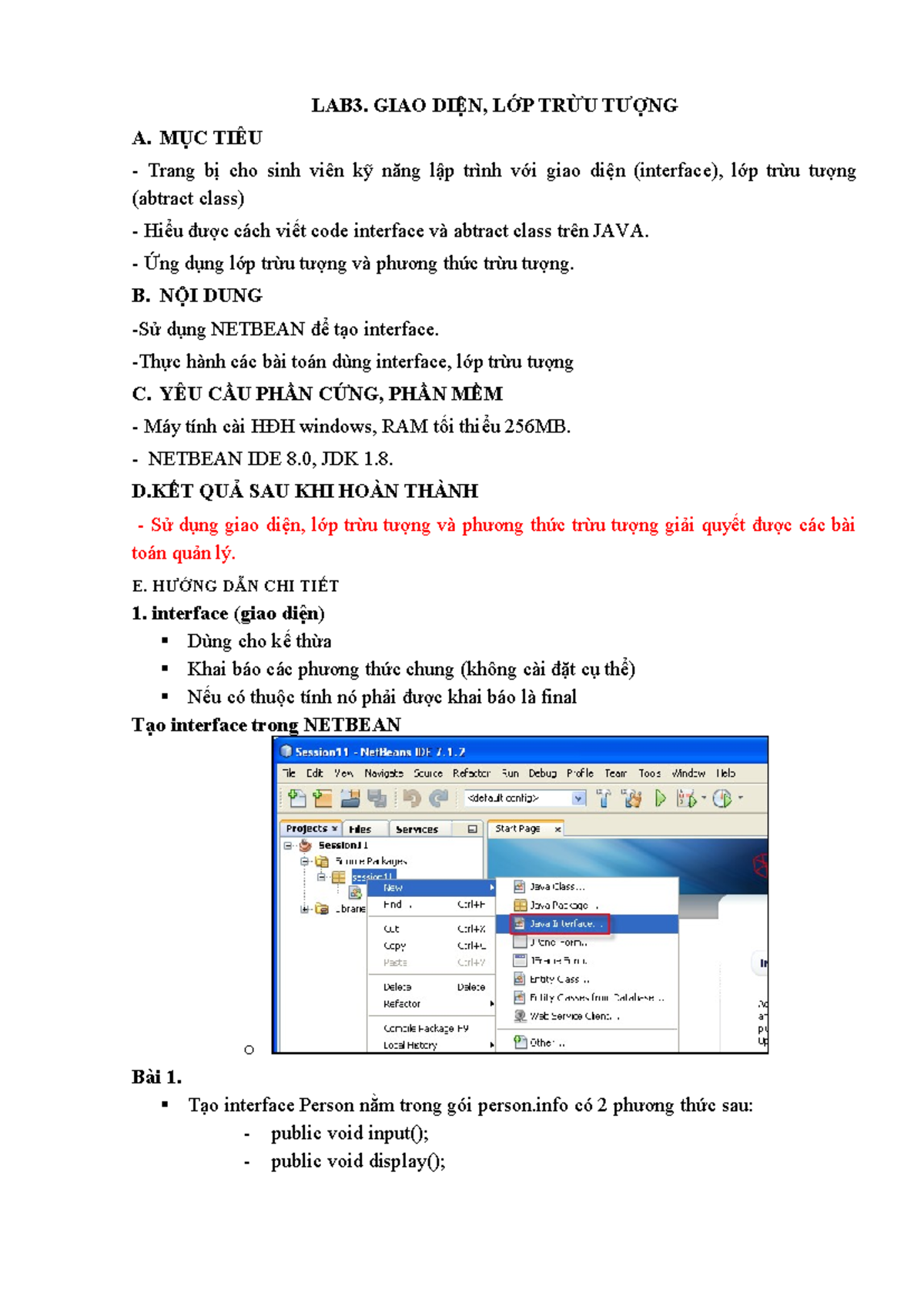 3 - giao diện code - LAB3. GIAO DIỆN, LỚP TRỪU TƯỢNG A. MỤC TIÊU ...