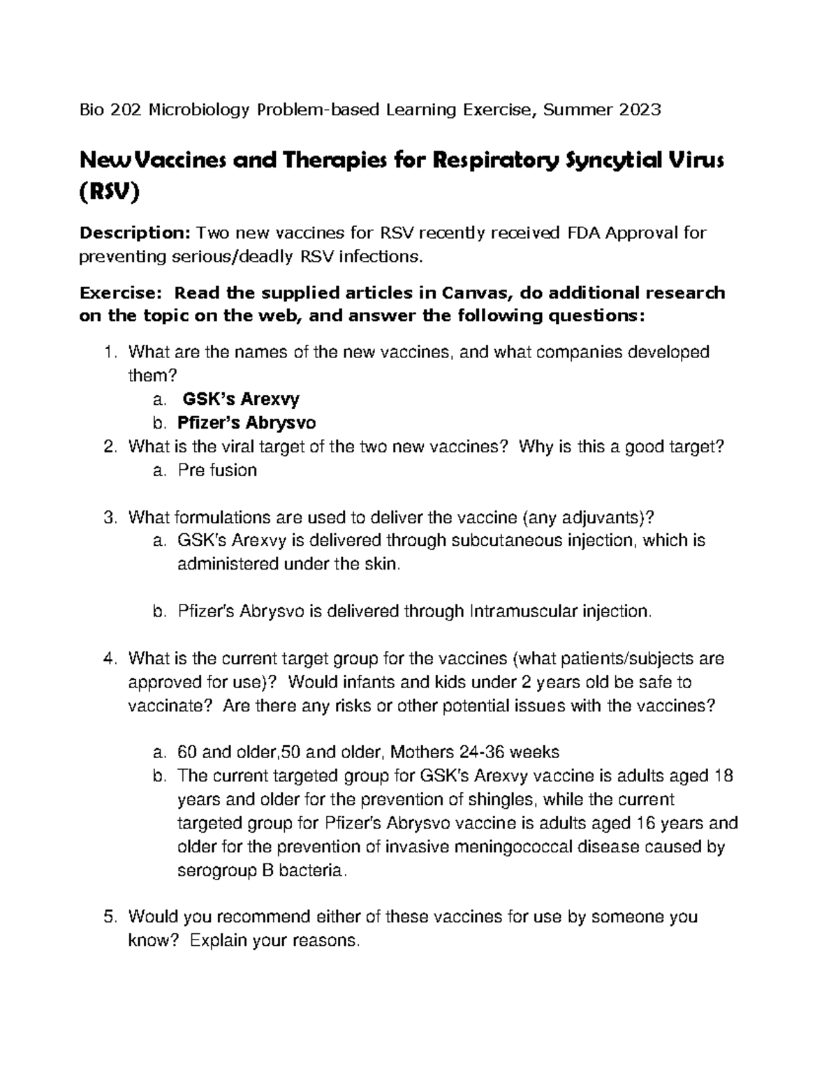 PBL #1 Bio 202 2023 Vaccines for RSV - Bio 202 Microbiology Problem ...