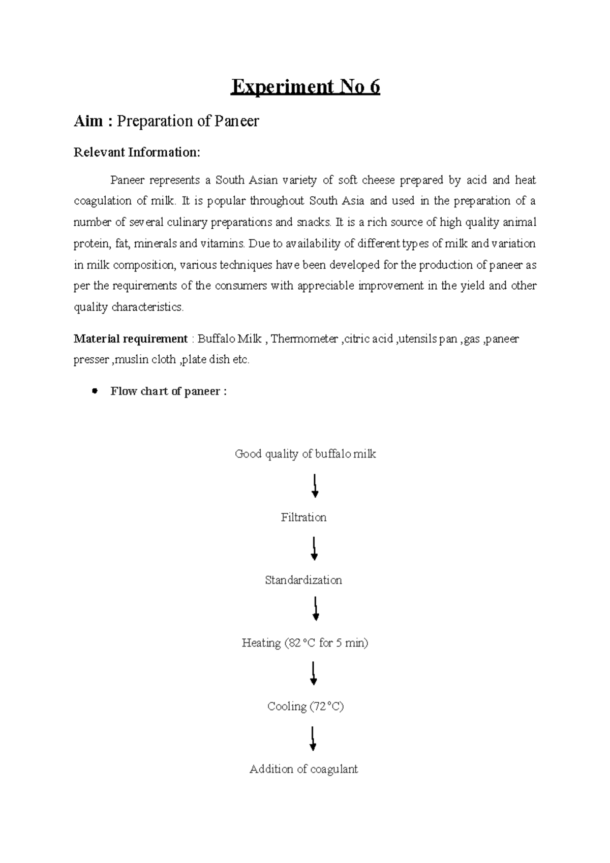 Experiment No 6 Preparation of Paneer - Experiment No 6 Aim : Preparation of Paneer Relevant ...