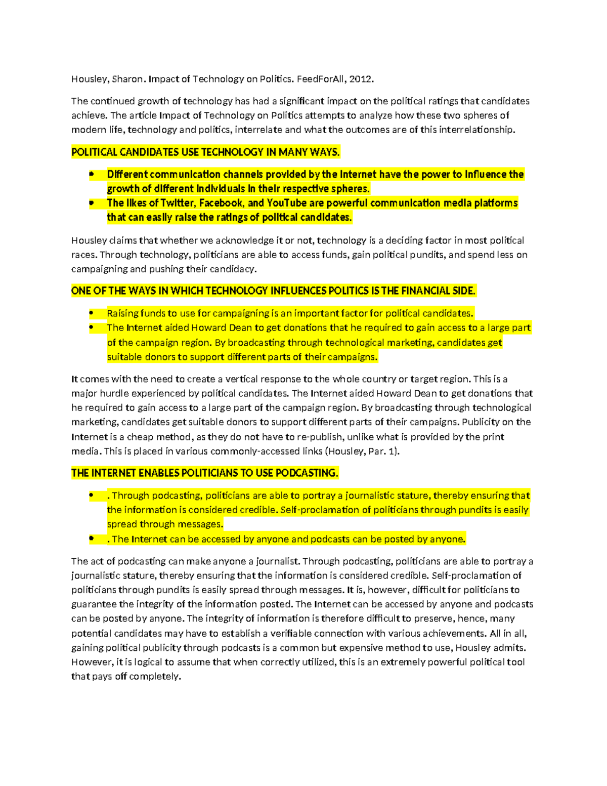 Impact of technology on politics - Housley, Sharon. Impact of ...