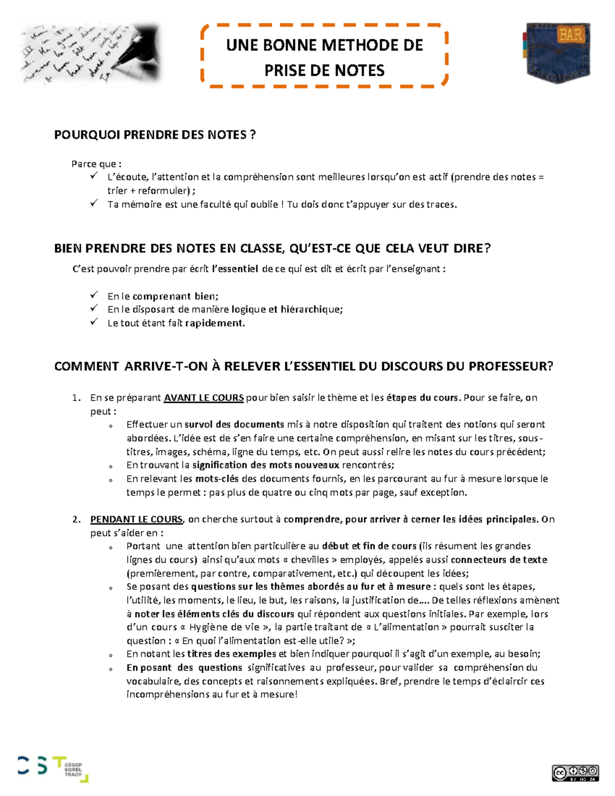 Feuillet prise de notes 0 - POURQUOI PRENDRE DES NOTES? Parce que : L ...