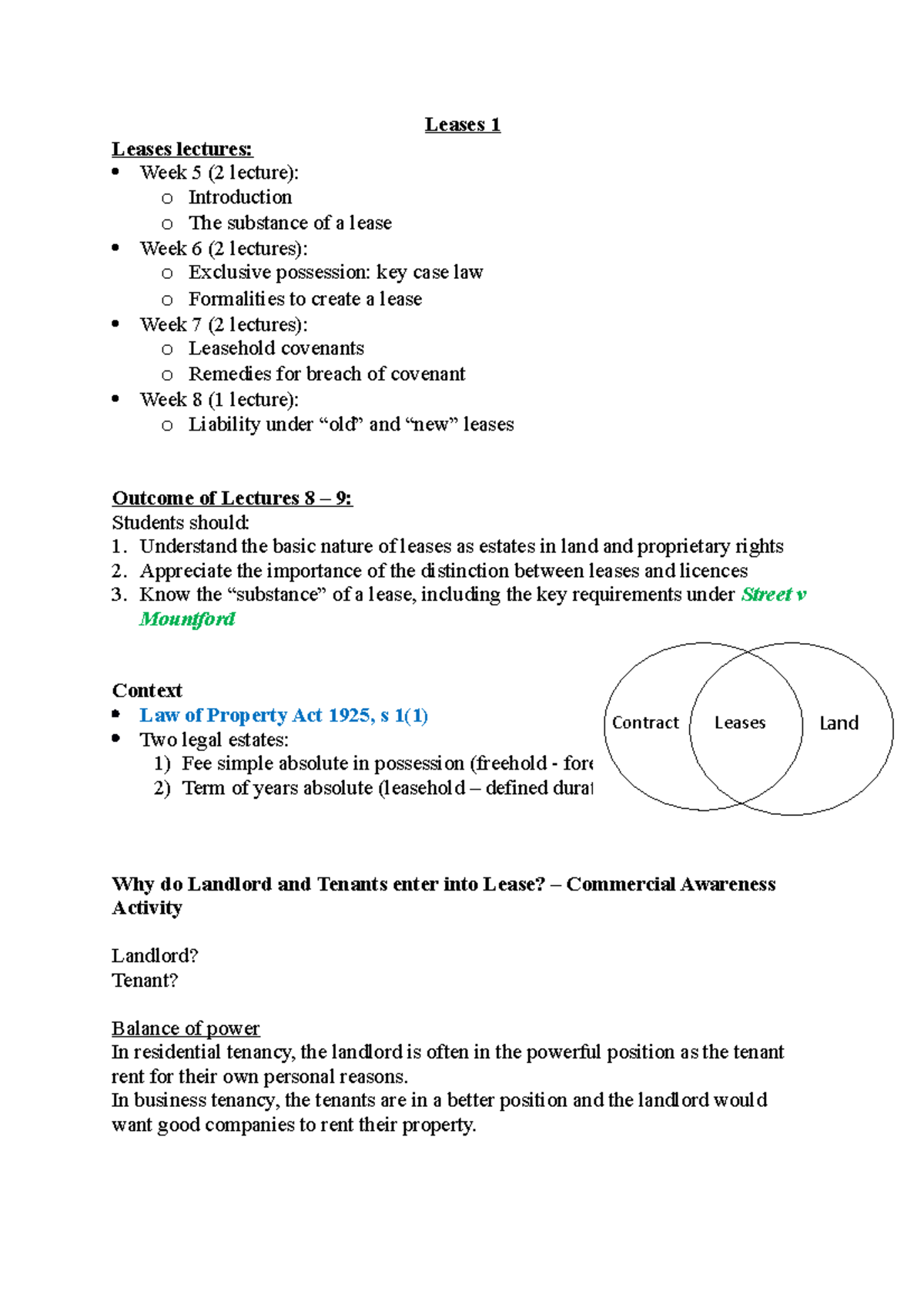 Leases 1 - substance - Leases 1 Leases lectures: Week 5 (2 lecture): o Introduction o The ...