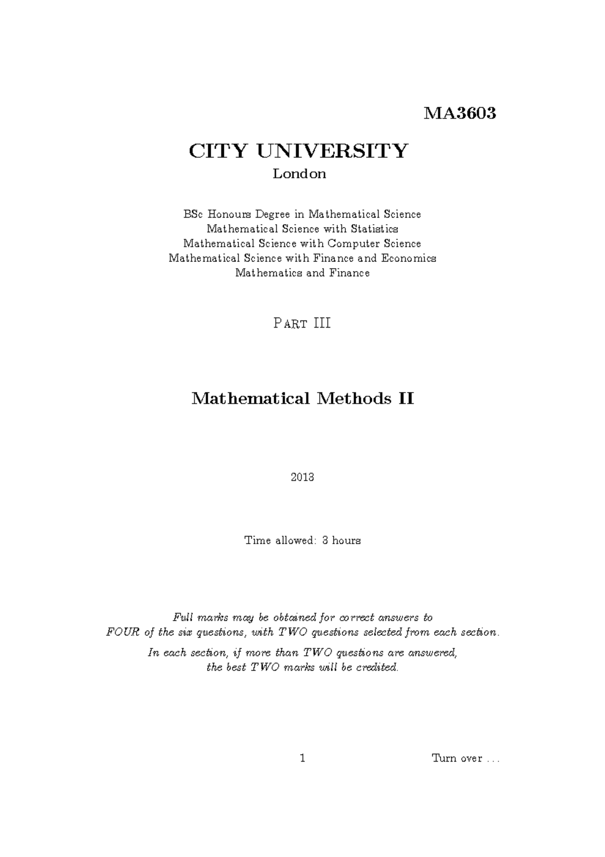 Exam May 2013, questions - MA3603 CITY UNIVERSITY London BSc Honours ...