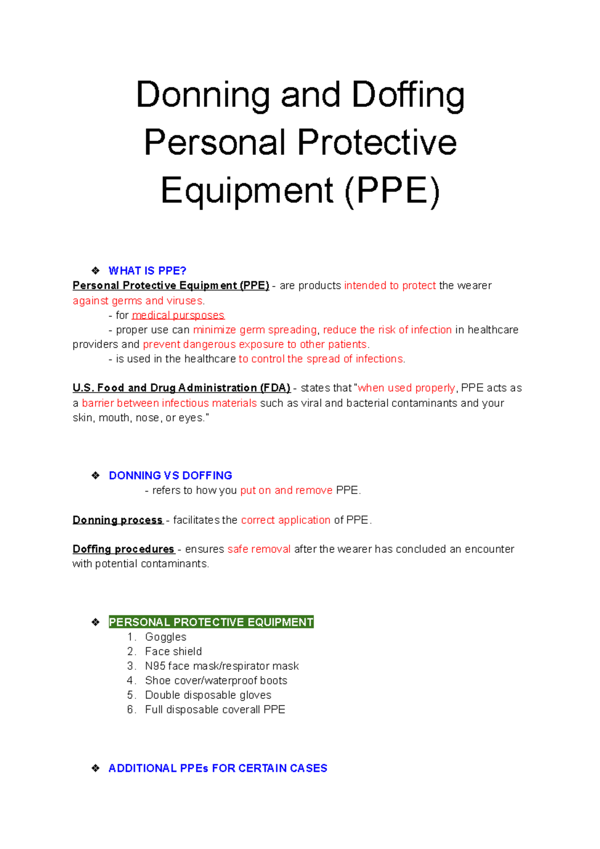 RLE Midterm EXAM Reviewer Revised - Donning and Doffing Personal ...