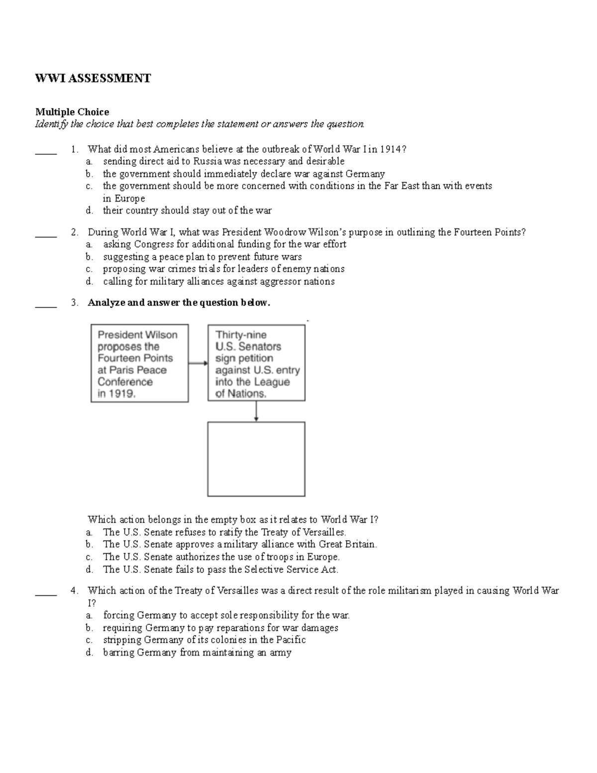WWI Quiz student copy - Quiz - WWI ASSESSMENT Multiple Choice Identify ...