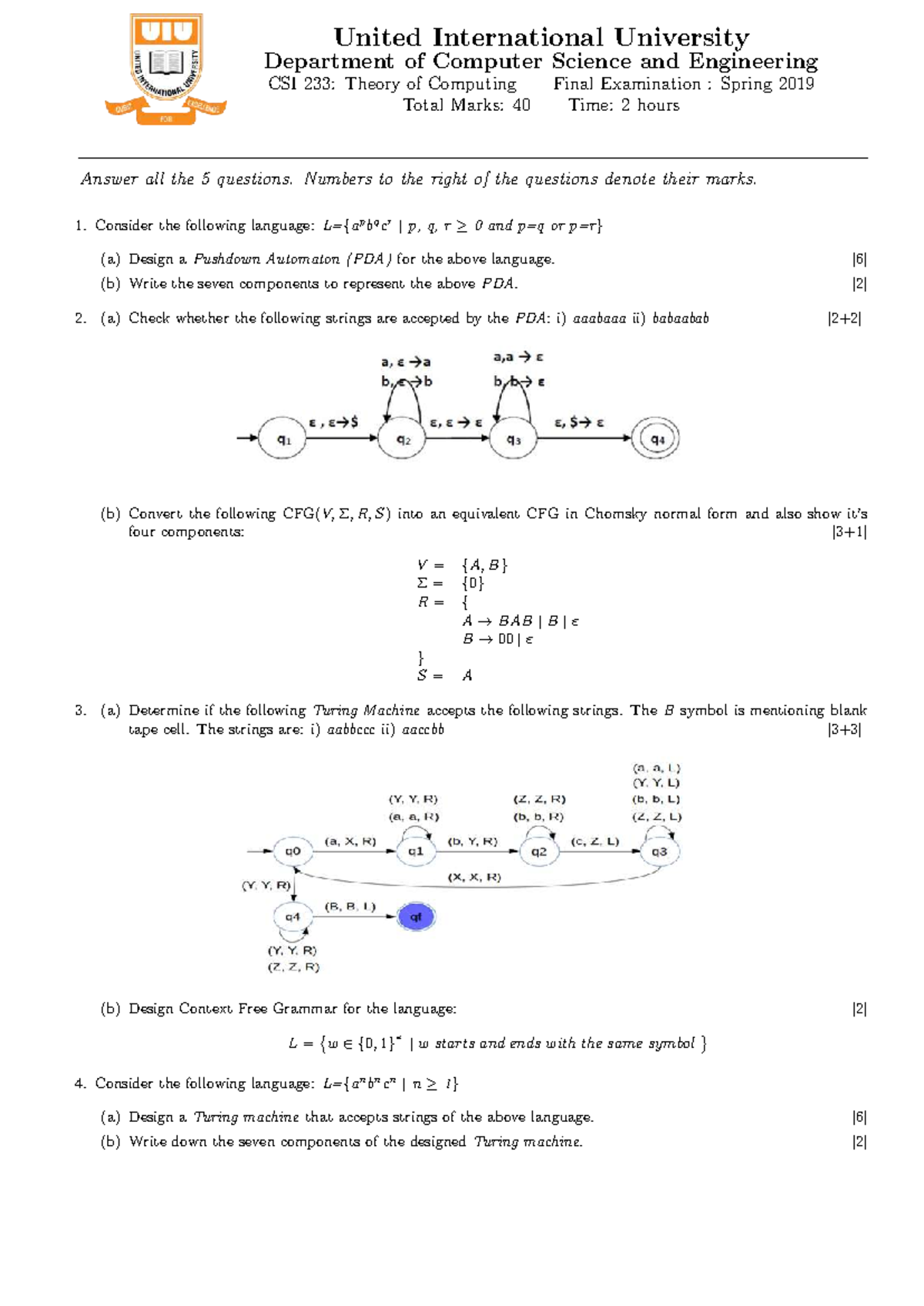 CSE2233 Final 191 - Theory of Computation (CSE 2233) - United International University ...