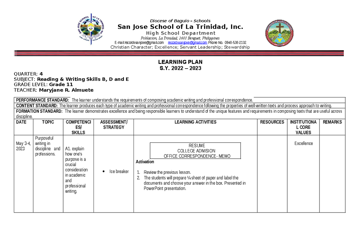 LP-English-11-4rth quarter four last demo - ####### Diocese of Baguio ...