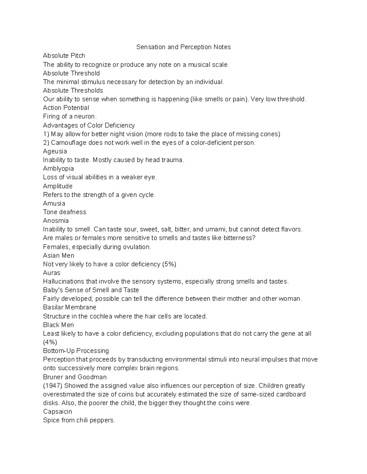 Sensation and Perception Notes - Sensation and Perception Notes ...