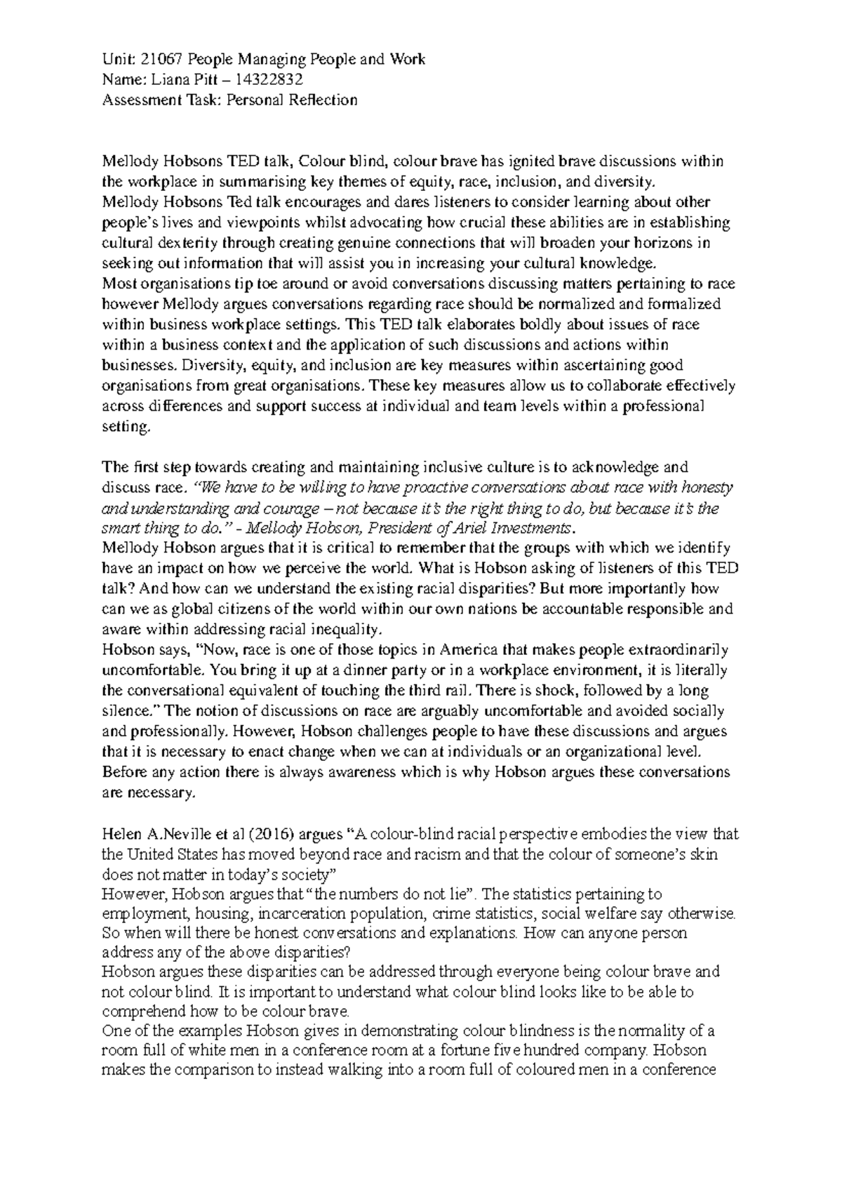 Personal Reflection LP - Unit: 21067 People Managing People and Work ...