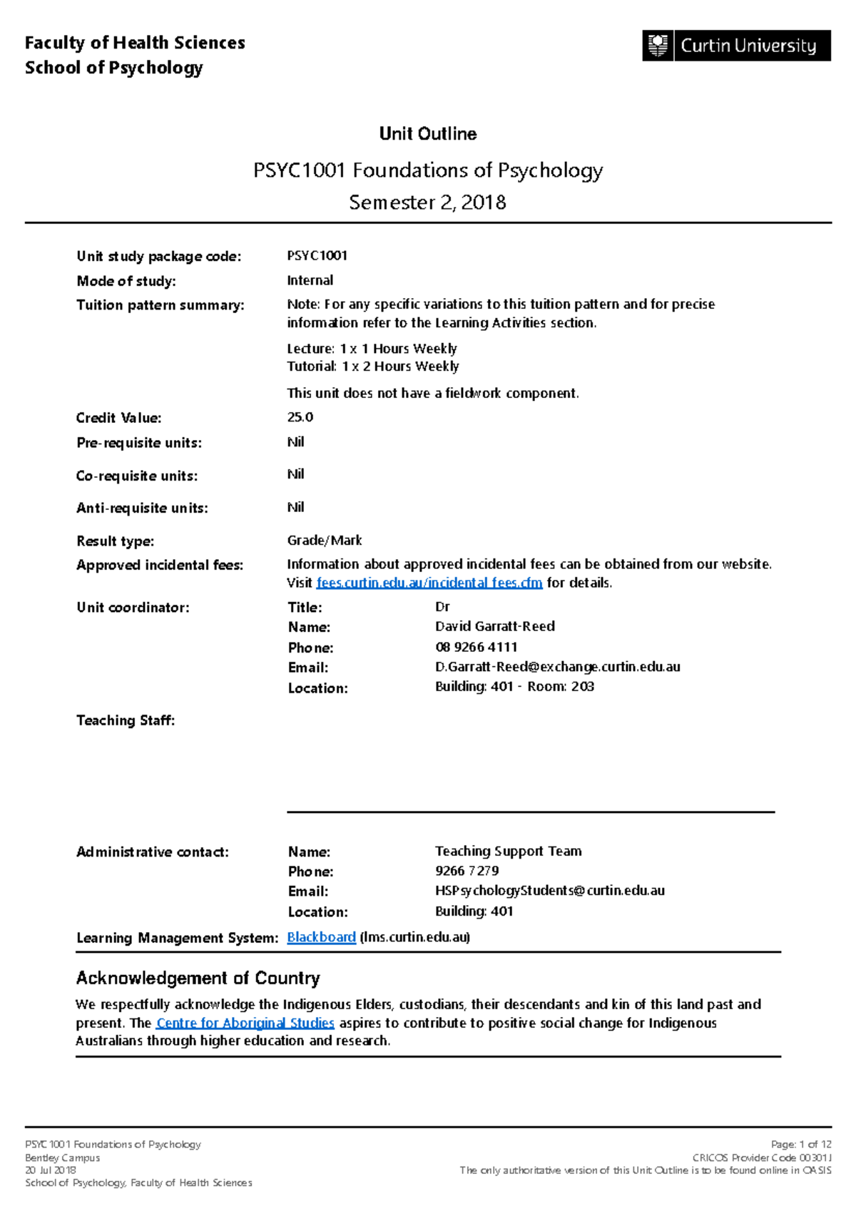 PSYC1001 Unit Outline Foundations of Psychology Semester 2 2018 Bentley ...