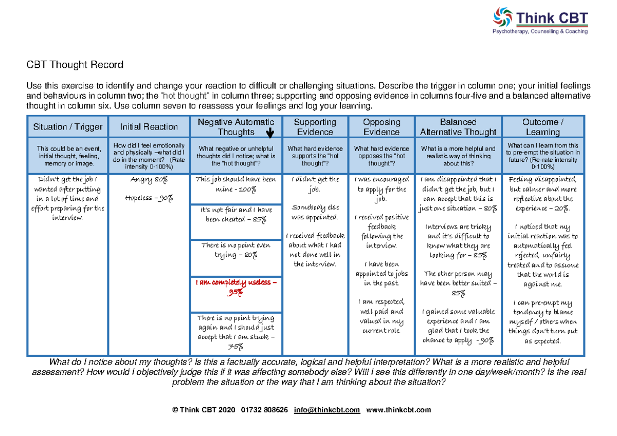 Thought record 2 - © Think CBT 20 20 01732 808626 info@thinkcbt ...