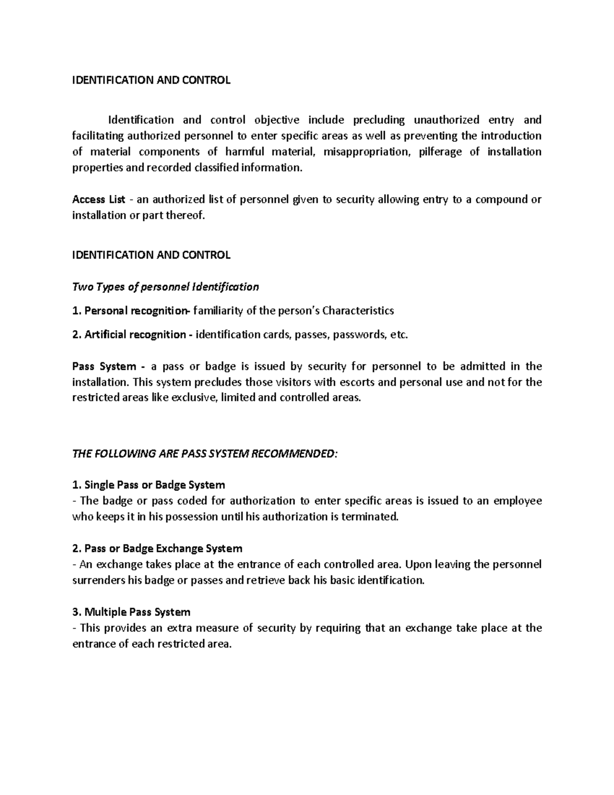 Additional Notes FOR LEA2 - IDENTIFICATION AND CONTROL Identification ...