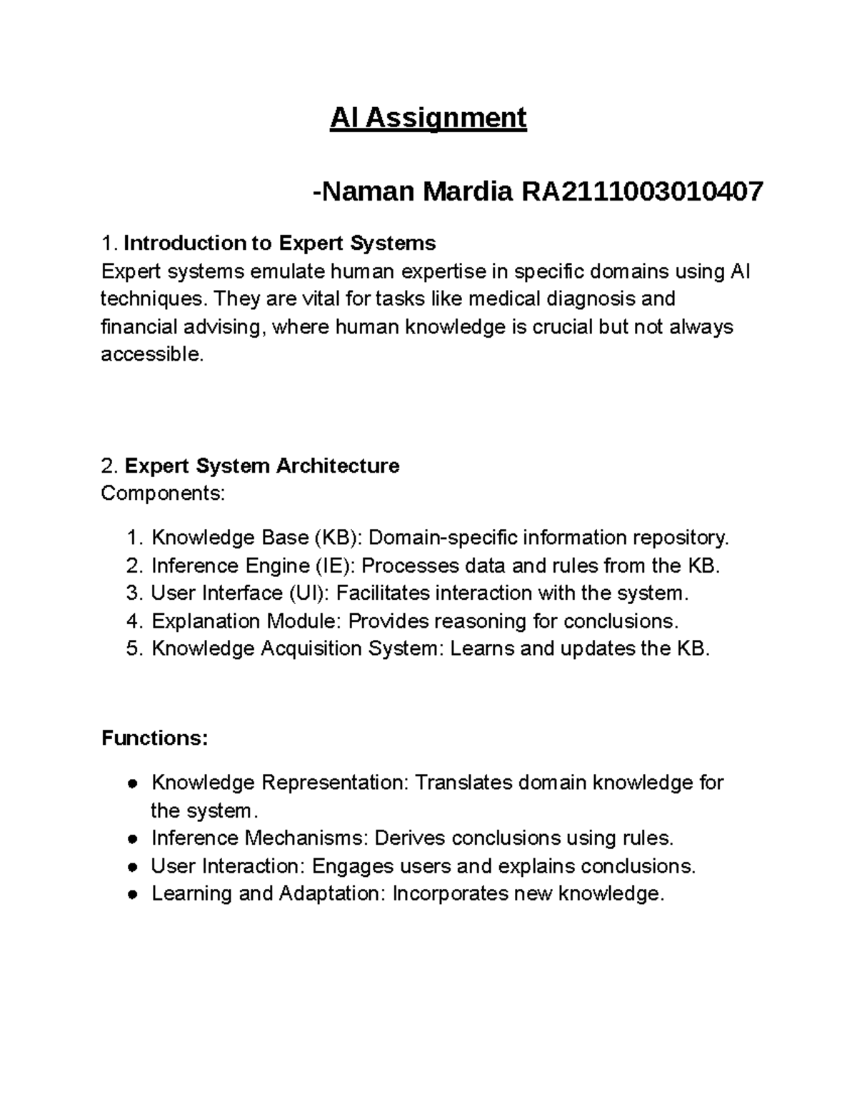 AI Assignment 3 - AI Assignment 1. Introduction to Expert Systems ...