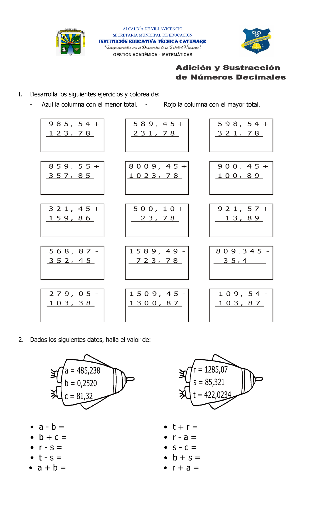 GUIA SUMA Y Resta DE Decimales - Pensamiento Lógico Matemático - Studocu