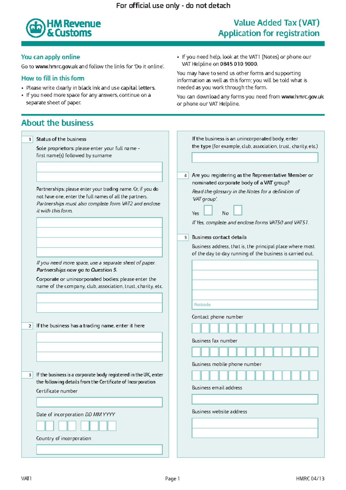 VAT1-Application-for-registration - VAT1 Page 1 HMRC 04/ Value Added ...
