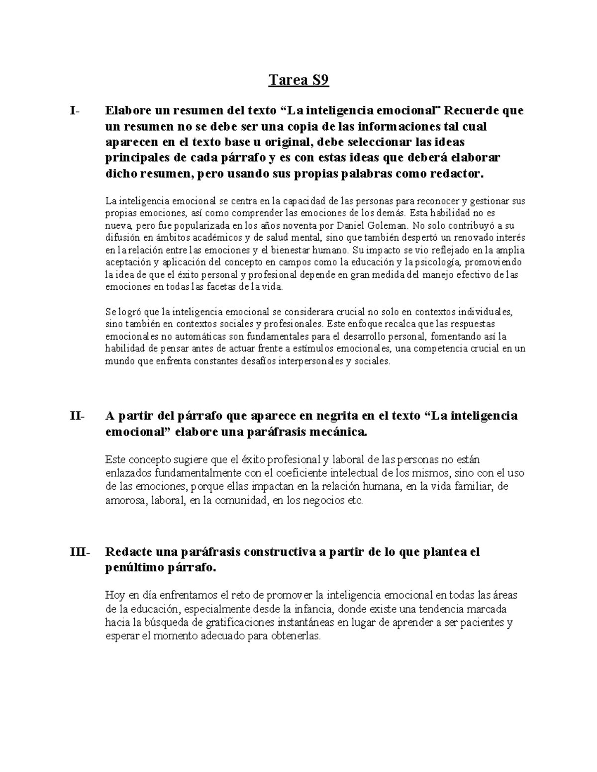 Tarea sem. 9, HOY - Tarea S I- Elabore un resumen del texto “La inteligencia emocional ̈ ...