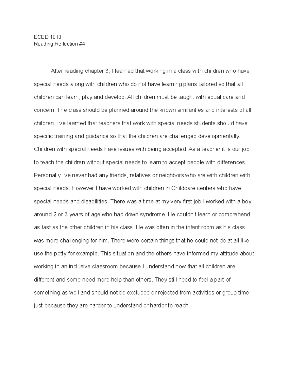 RR4 - Reading reflections. - ECED 1010 Reading Reflection # After ...