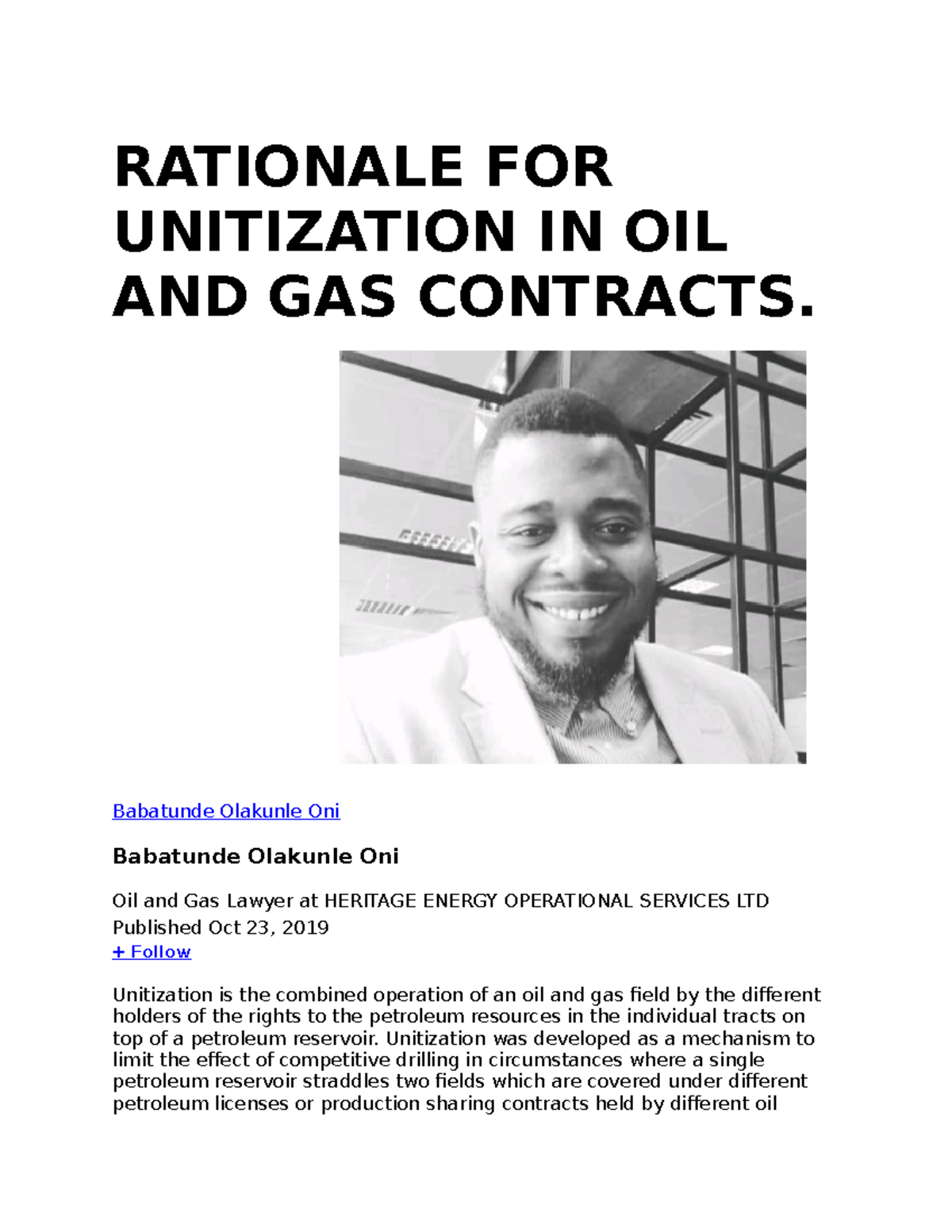 Rationale FOR Unitization IN OIL AND GAS Contracts - RATIONALE FOR ...