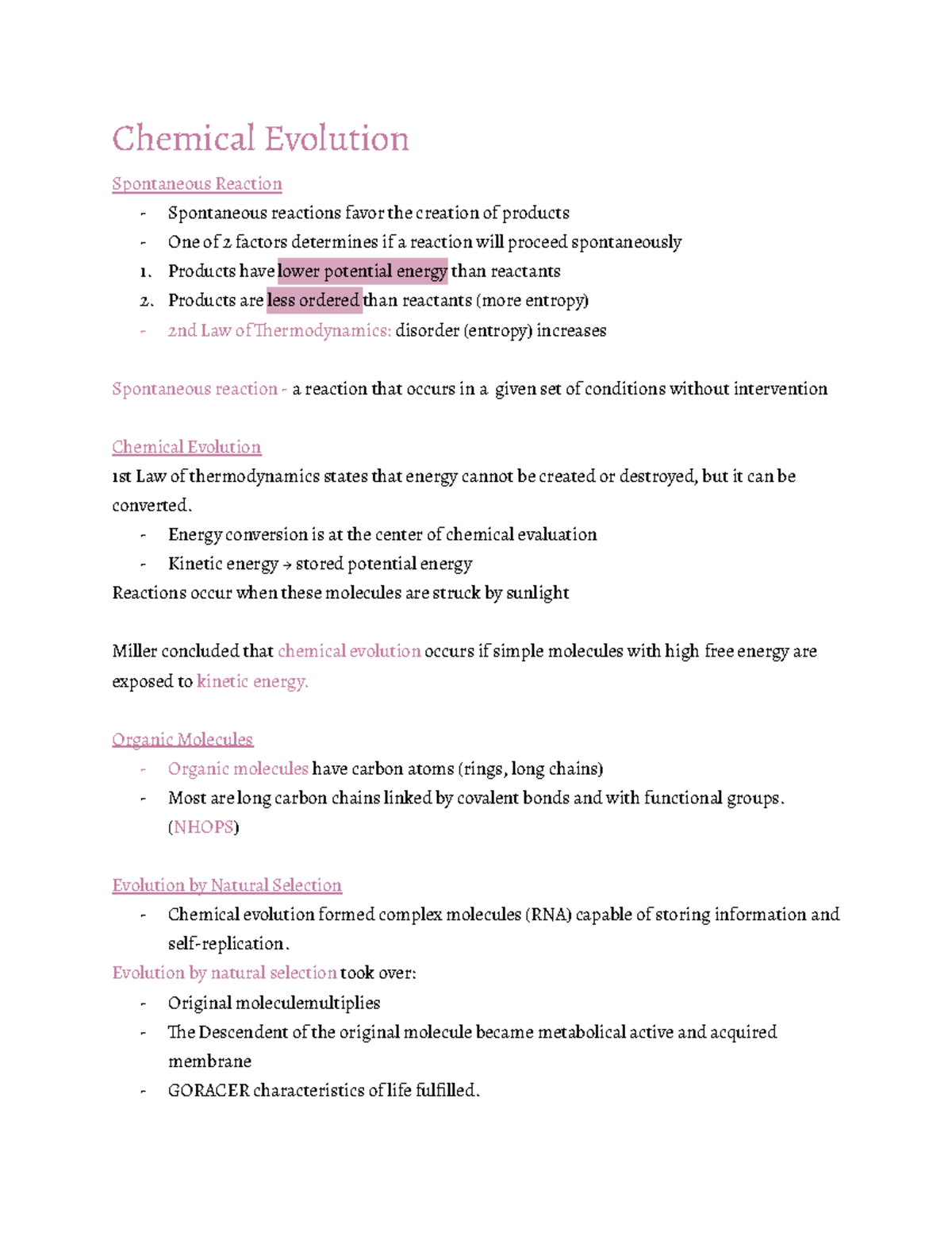 BIO 111 - Chemical Evolution - Chemical Evolution Spontaneous Reaction ...