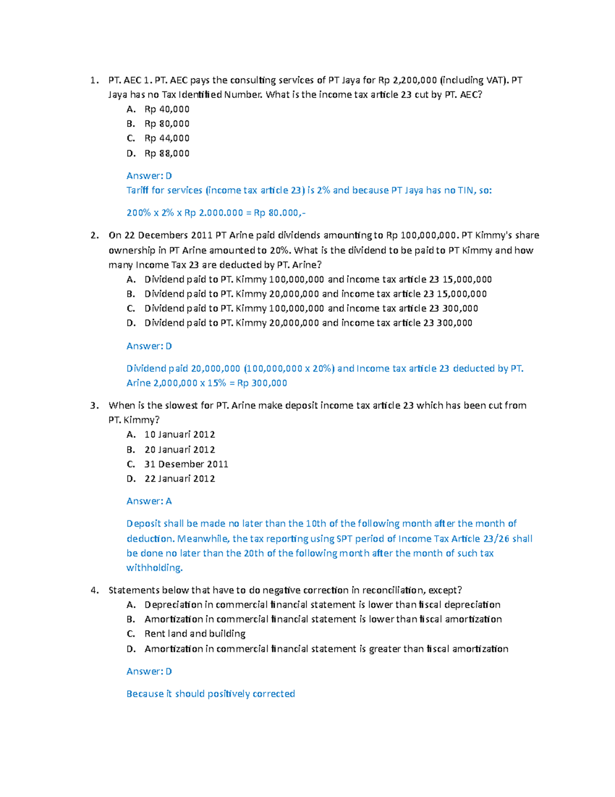 Multiple Choice Tax Accounting - 1. PT. AEC 1. PT. AEC pays the ...