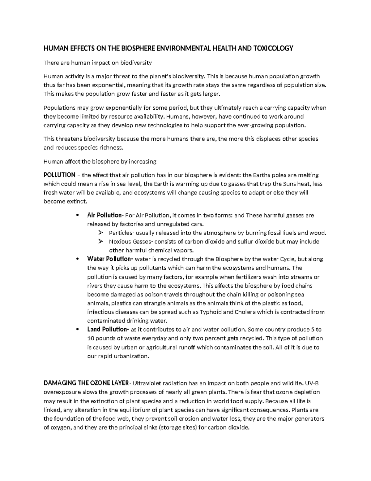 Human Effects ON THE Biosphere Environmental Health AND Toxicology ...