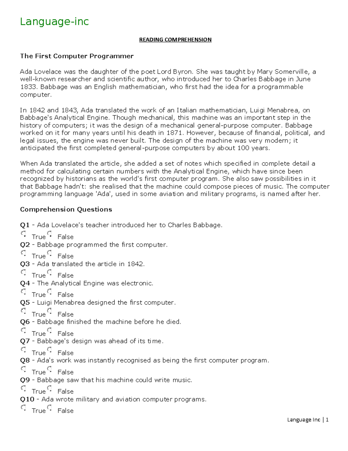 Reading Comprehension - READING COMPREHENSION The First Computer Programmer Ada Lovelace was the ...