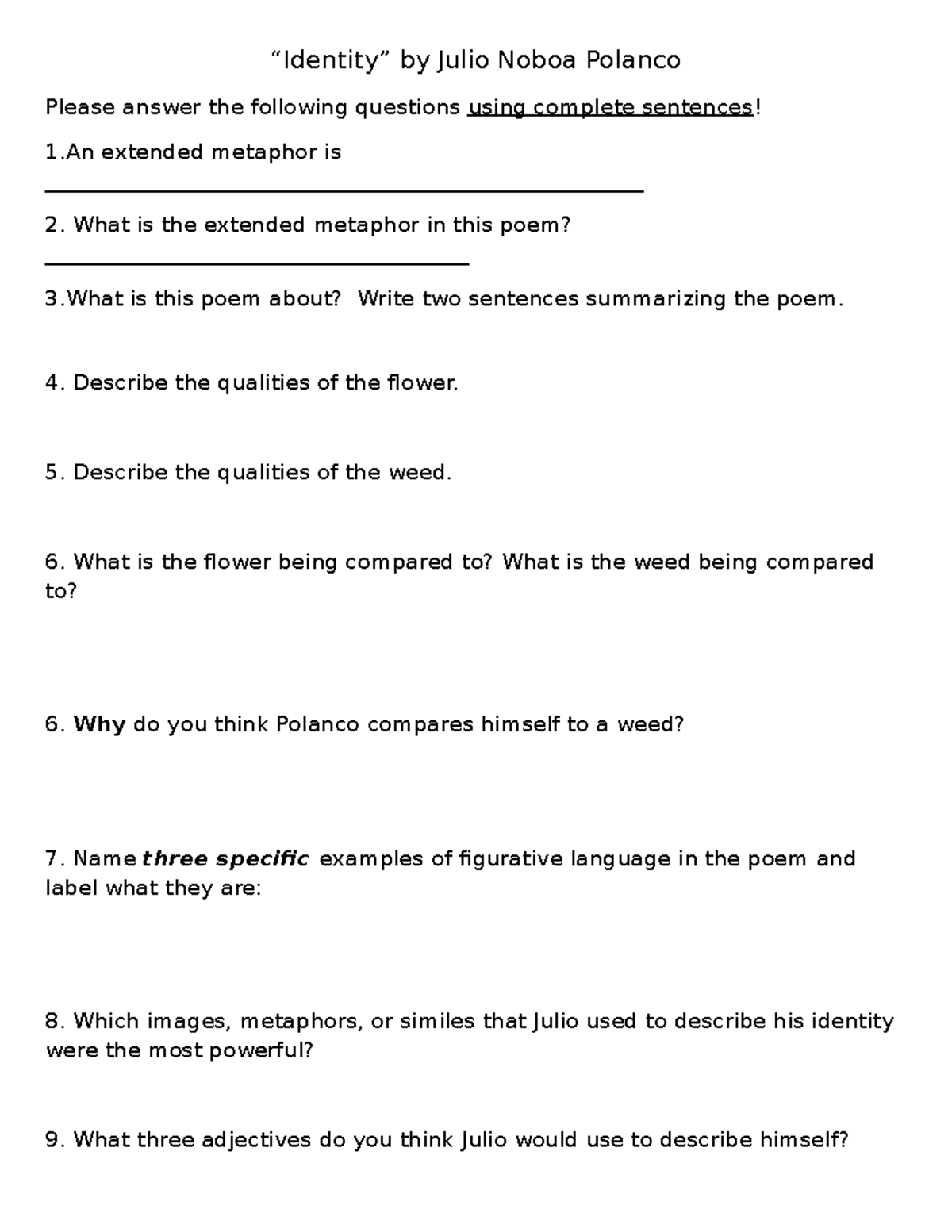 Identity - Questions for Analysis - “Identity” by Julio Noboa Polanco ...