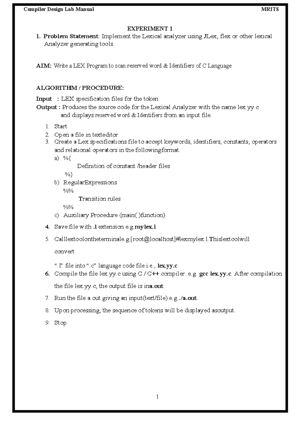 Compiler Design Lab Manual - EXPERIMENT 1 Problem Statement: Implement the Lexical analyzer ...