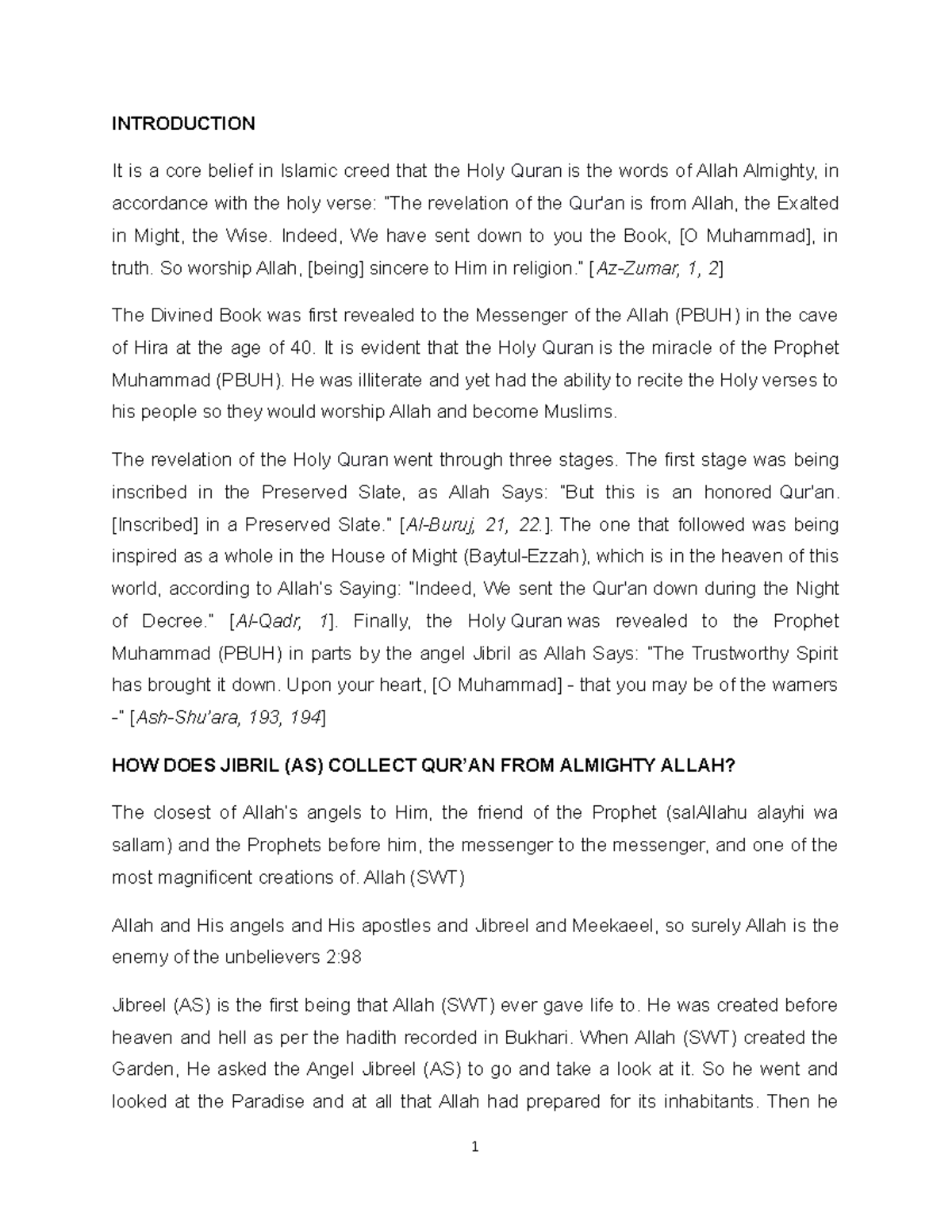 Revelation 4 - Assignment - INTRODUCTION It is a core belief in Islamic ...