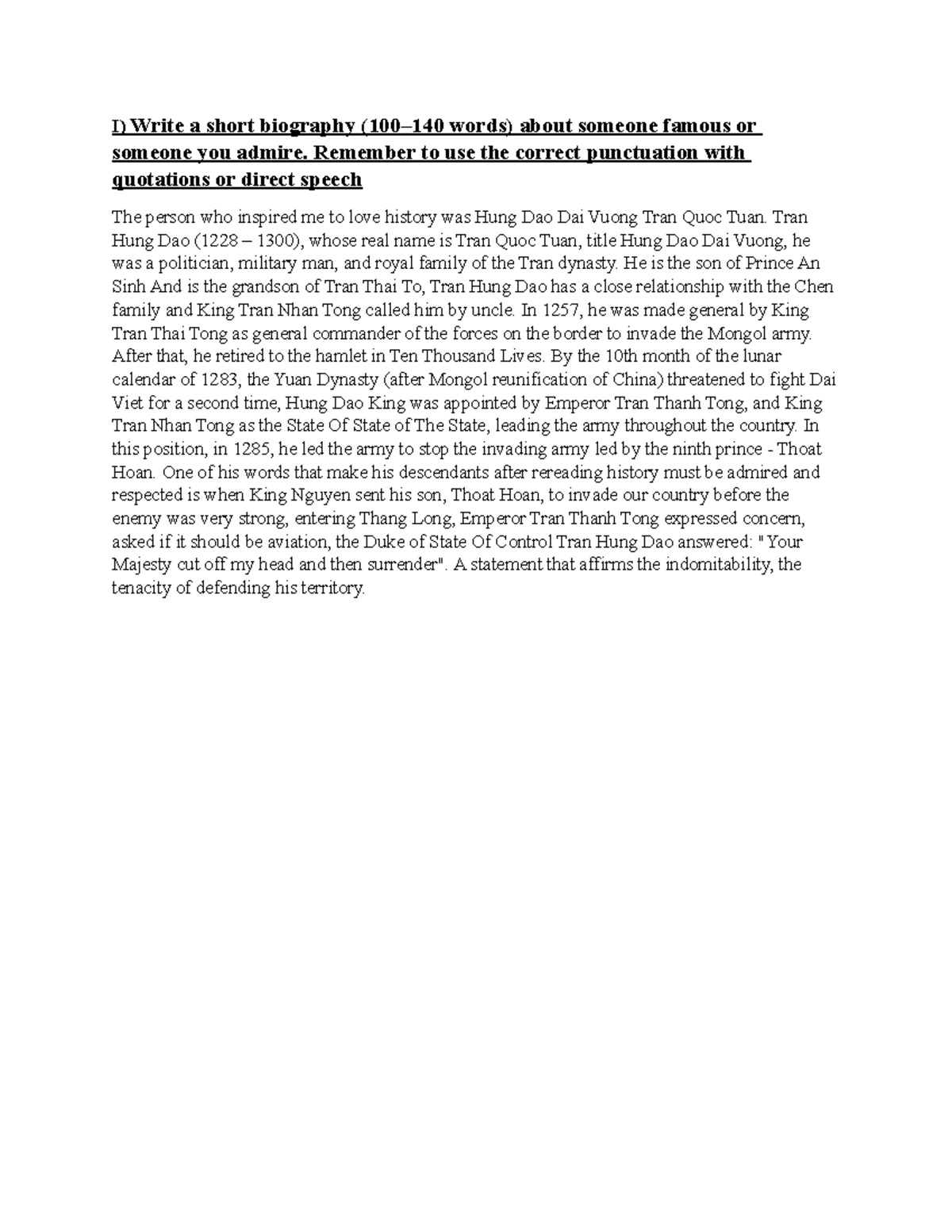 Further practice 11 - I) Write a short biography (100–140 words) about ...