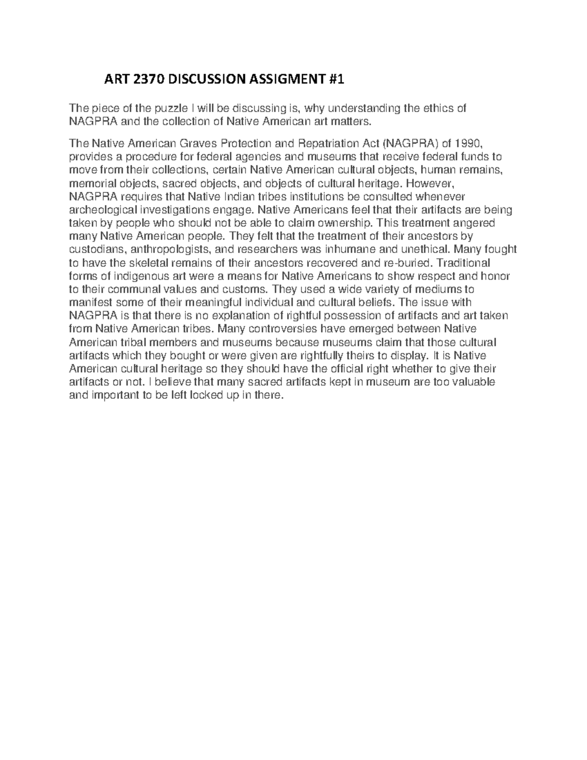 ART 2370 Discussion 1 Assigmment - ART 2370 DISCUSSION ASSIGMENT The ...