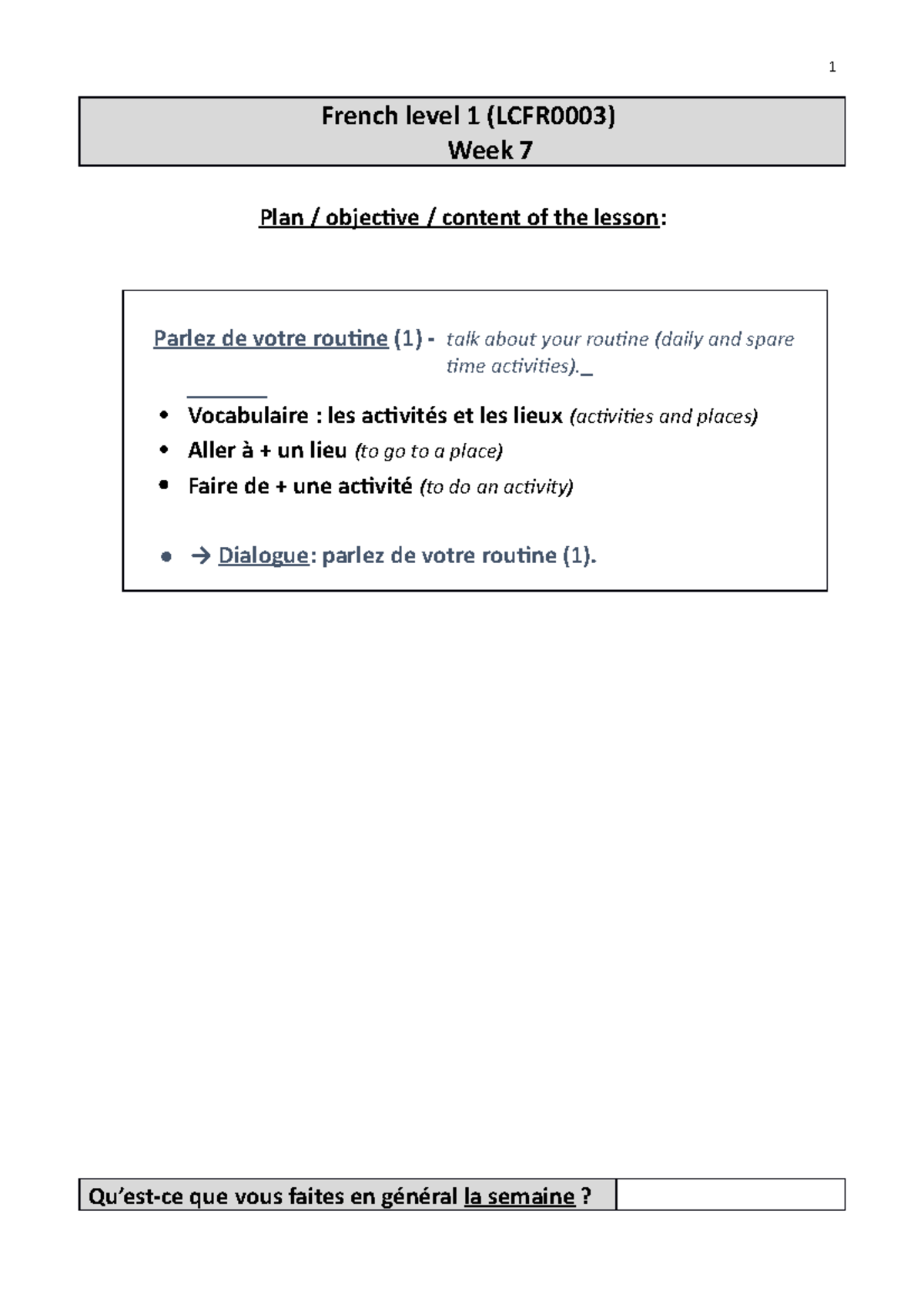 Handouts week 7 - jorge - French level 1 (LCFR0003) Week 7 Plan ...