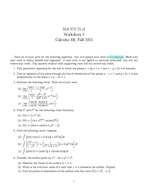 Worksheet 3 - MA-UY 2114 Worksheet 3 Calculus III, Fall 2023 Show all of your work for the ...